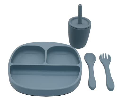 WebDeals 2 You Silicone Feeding Set for Baby or Toddler Suction Plate With Cup Fork Spoon Toddler Plate Baby Cup Baby Plate Baby Fork and Spoon (Ether)