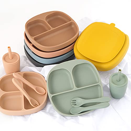 WebDeals 2 You Silicone Feeding Set for Baby or Toddler Suction Plate With Cup Fork Spoon Toddler Plate Baby Cup Baby Plate Baby Fork and Spoon (Ether)