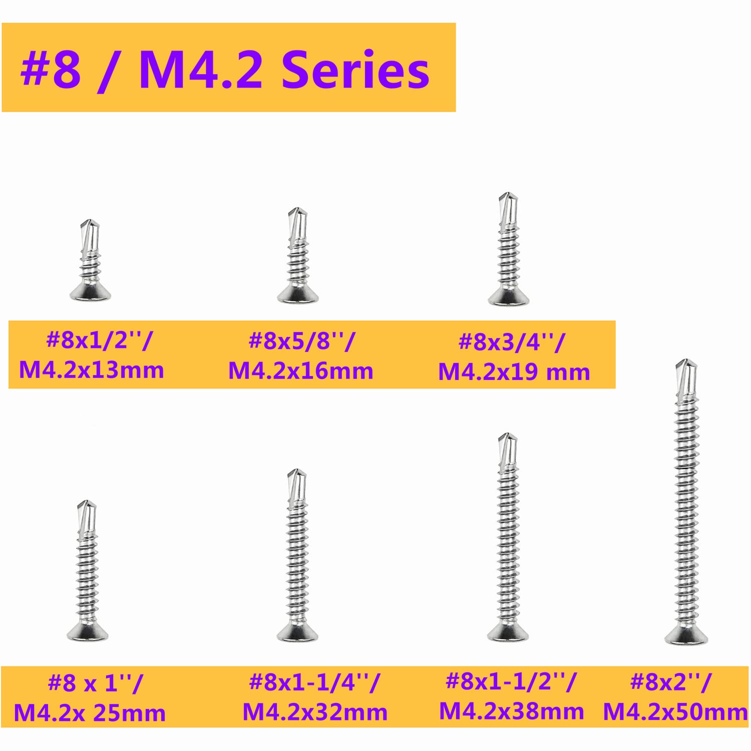 Guard4U 300Pcs 7-Size 410 Stainless Steel #8 SAE Flat Head Phillips Self Drilling Screws Sheet Metal Tek Screws Assortment Kit, Modified Truss Head Self Driller- #8 x 1/2" to #8 x 2"