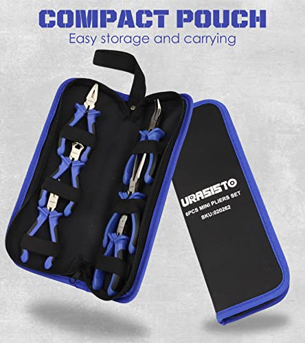 URASISTO 6 pcs Mini Pliers Set - Long, Bent, Needle Nose, Diagonal, End Cut, Combination - Spring Loaded Handle, 5 Inch - Mechanic, Craftsman Basic Tool Kit - Roll Up Carry Bag Included
