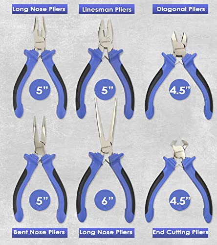 URASISTO 6 pcs Mini Pliers Set - Long, Bent, Needle Nose, Diagonal, End Cut, Combination - Spring Loaded Handle, 5 Inch - Mechanic, Craftsman Basic Tool Kit - Roll Up Carry Bag Included