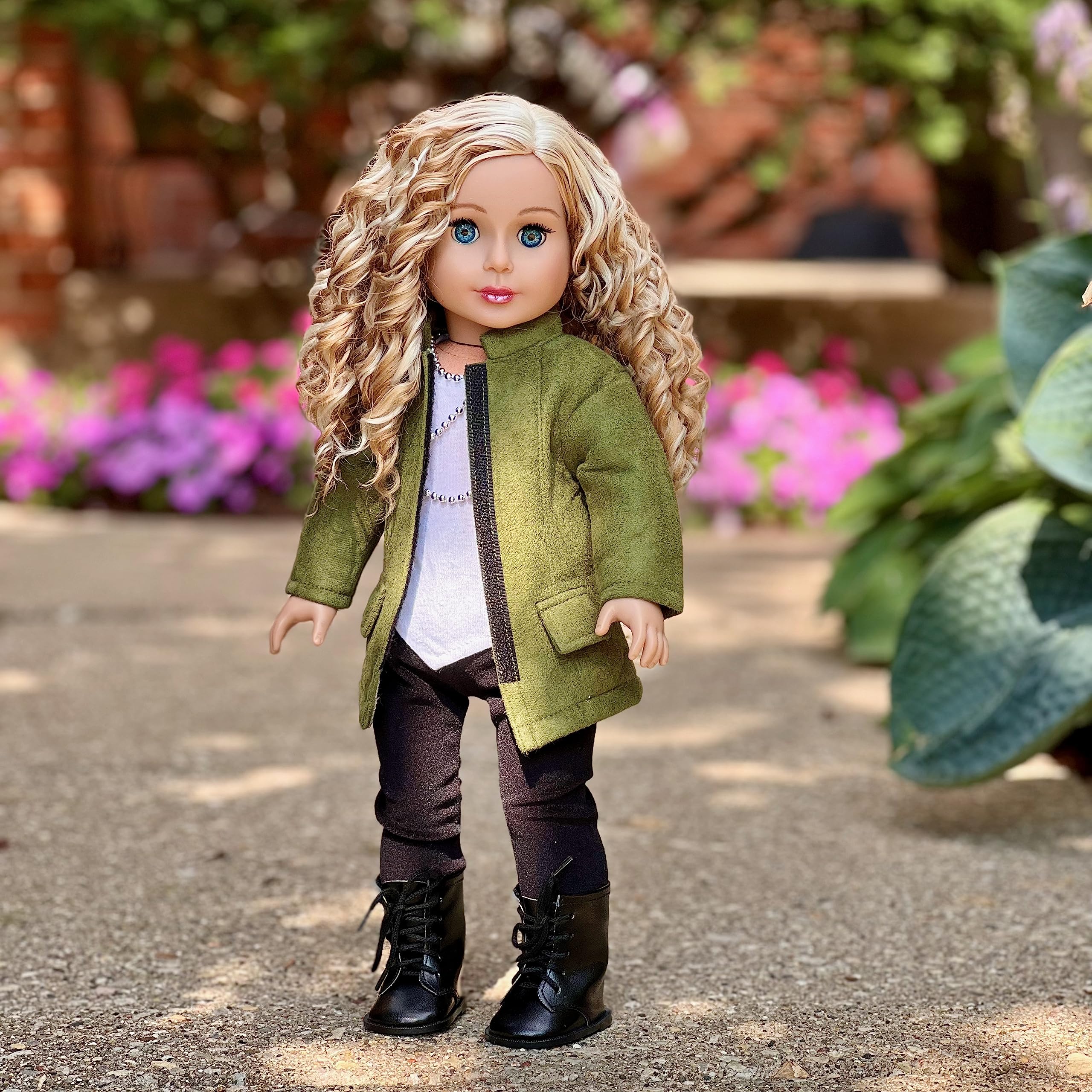 - Autumn Stroll - 4 Piece Outfit for 18 Inch Doll - Green Coat, White Blouse, Black Velvet Leggings, Black Boots (Dolls Not Included)