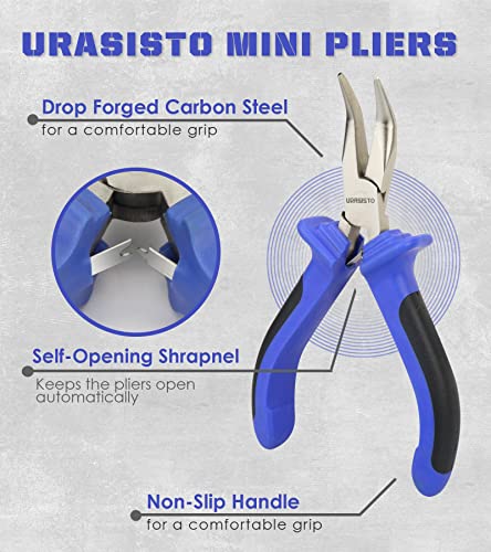 URASISTO 6 pcs Mini Pliers Set - Long, Bent, Needle Nose, Diagonal, End Cut, Combination - Spring Loaded Handle, 5 Inch - Mechanic, Craftsman Basic Tool Kit - Roll Up Carry Bag Included