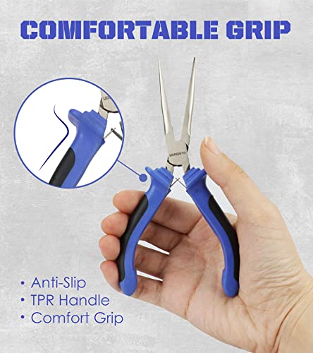 URASISTO 6 pcs Mini Pliers Set - Long, Bent, Needle Nose, Diagonal, End Cut, Combination - Spring Loaded Handle, 5 Inch - Mechanic, Craftsman Basic Tool Kit - Roll Up Carry Bag Included