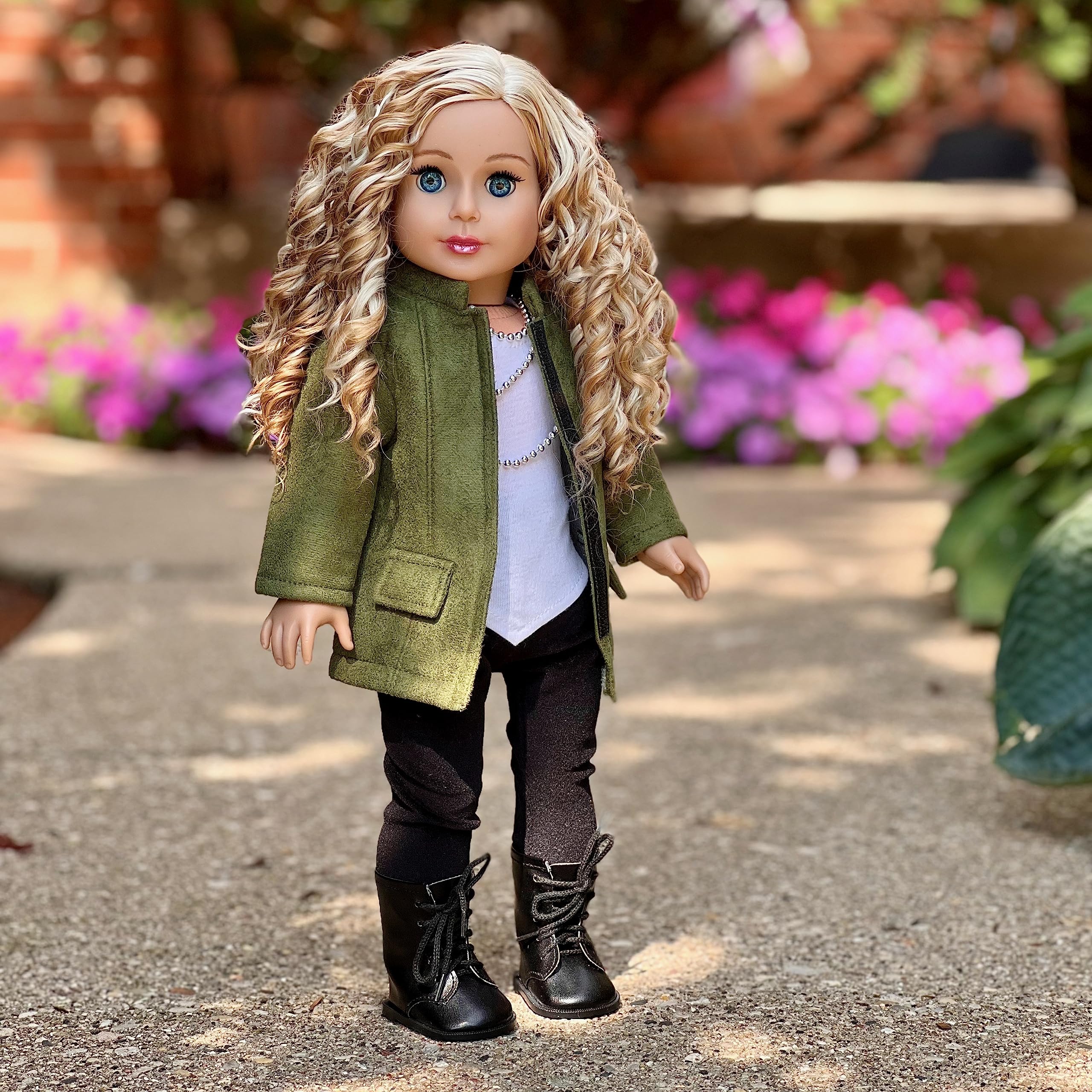- Autumn Stroll - 4 Piece Outfit for 18 Inch Doll - Green Coat, White Blouse, Black Velvet Leggings, Black Boots (Dolls Not Included)