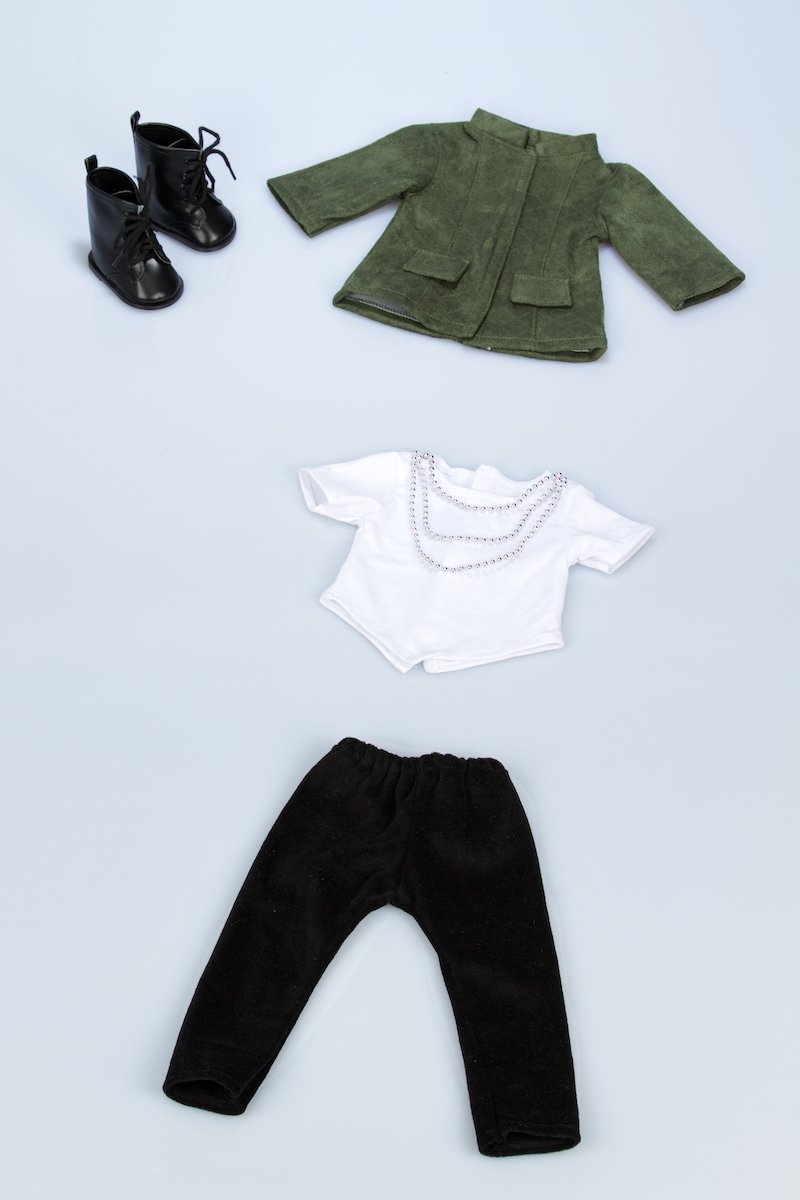 - Autumn Stroll - 4 Piece Outfit for 18 Inch Doll - Green Coat, White Blouse, Black Velvet Leggings, Black Boots (Dolls Not Included)