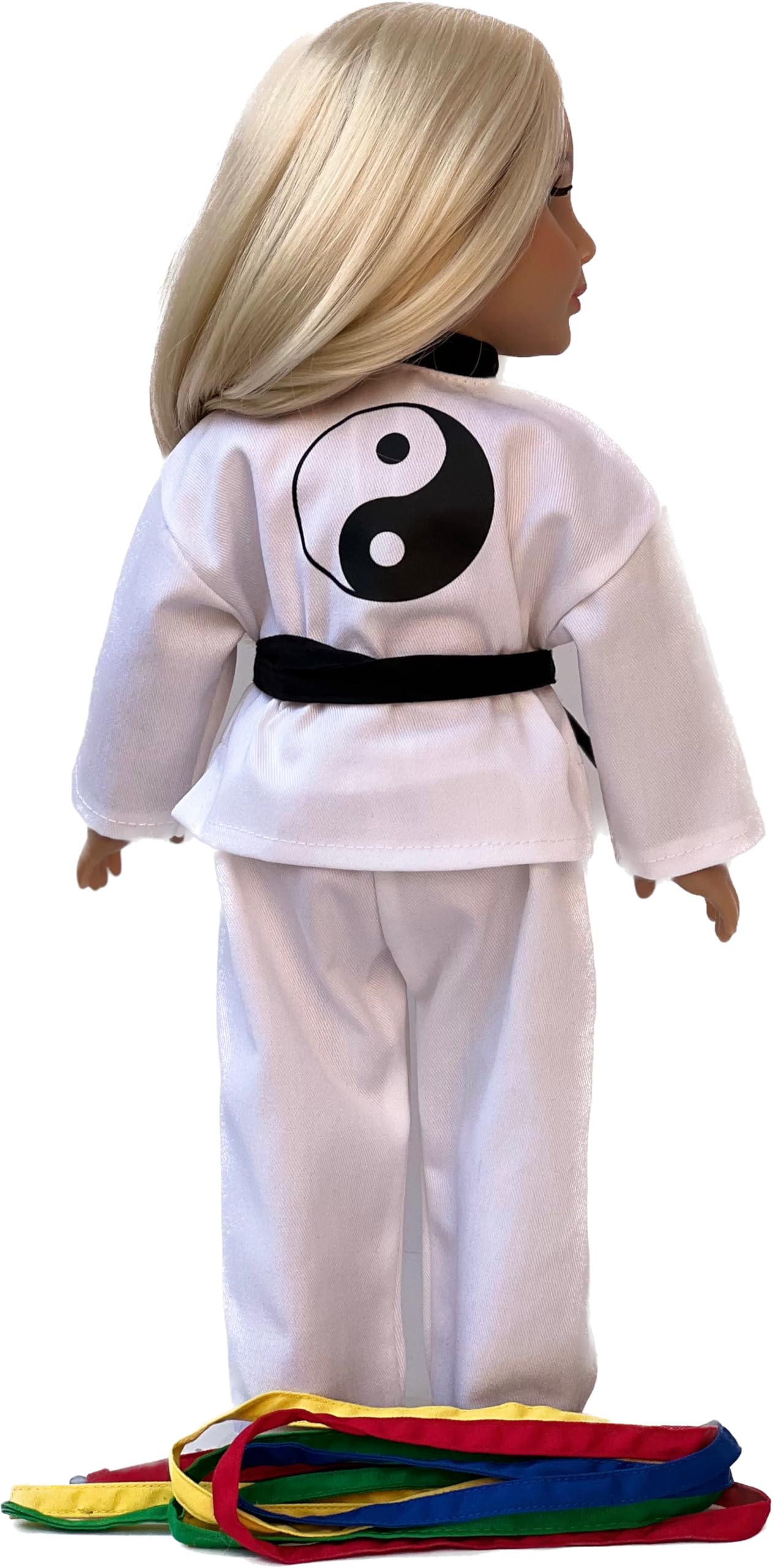 - Yin and Yang - Karate/Tae Kwon Do Outfit Includes Blouse, Pants and 5 Belts - Yellow, Green, Red, Blue and Black - Clothes Fits 18 Inch Doll (Doll Not Included)