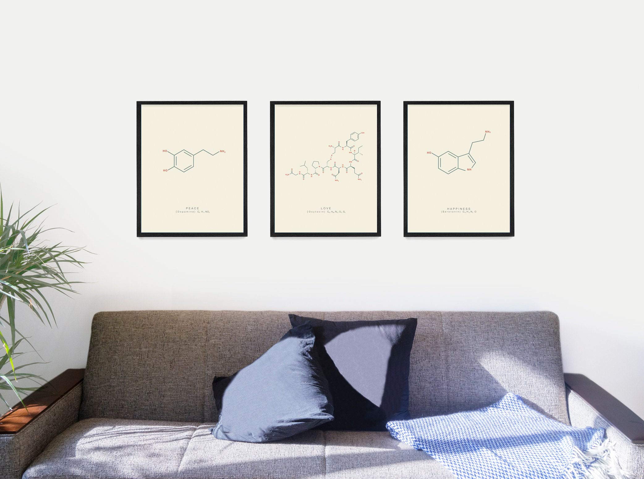 - Peace Love & Happiness Molecule Poster Print - Scientific Wall Art - House Home Décor - Dopamine Oxytocin Serotonin - Set of 3 8x10 Unframed Art Prints