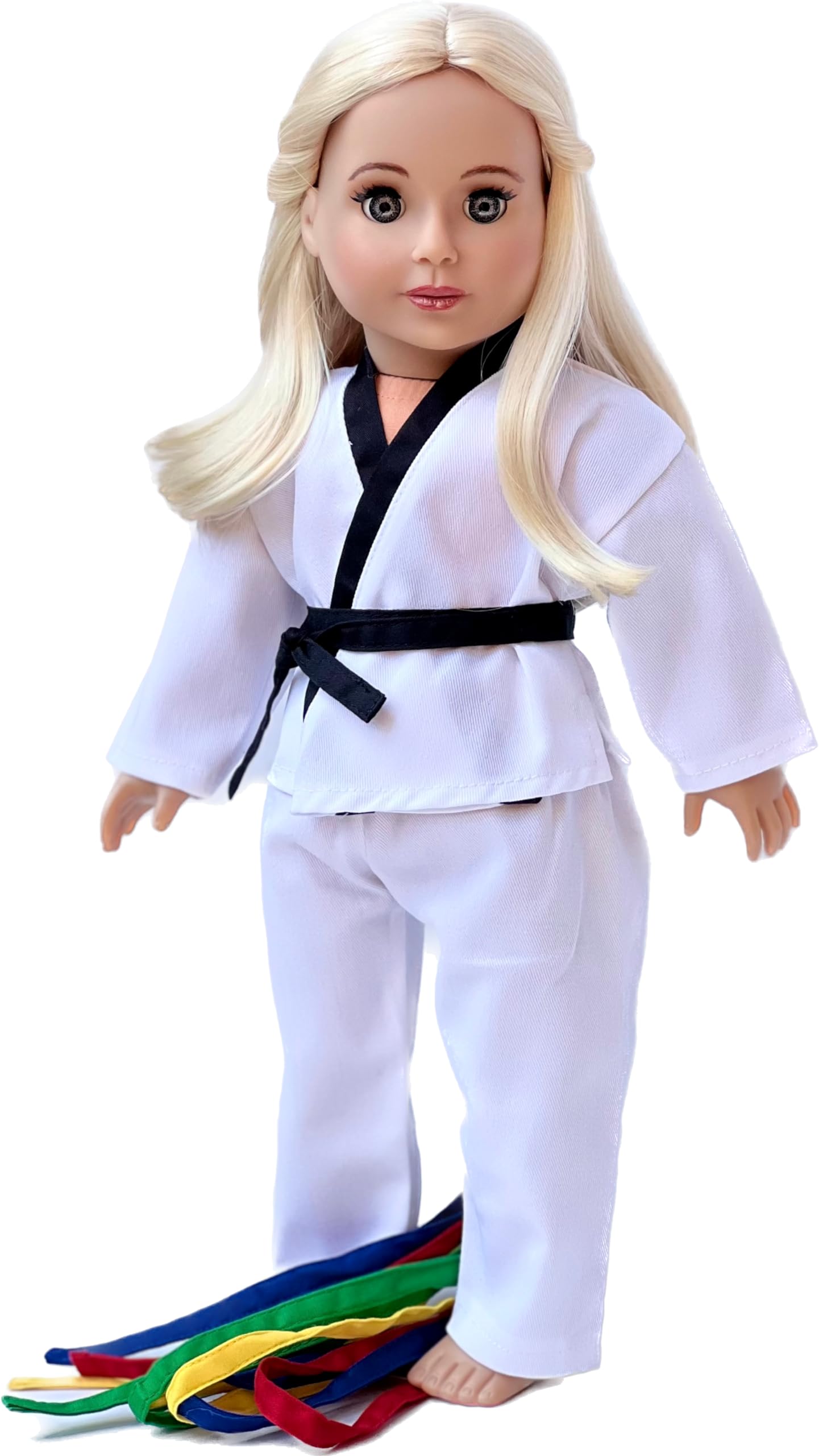 - Yin and Yang - Karate/Tae Kwon Do Outfit Includes Blouse, Pants and 5 Belts - Yellow, Green, Red, Blue and Black - Clothes Fits 18 Inch Doll (Doll Not Included)