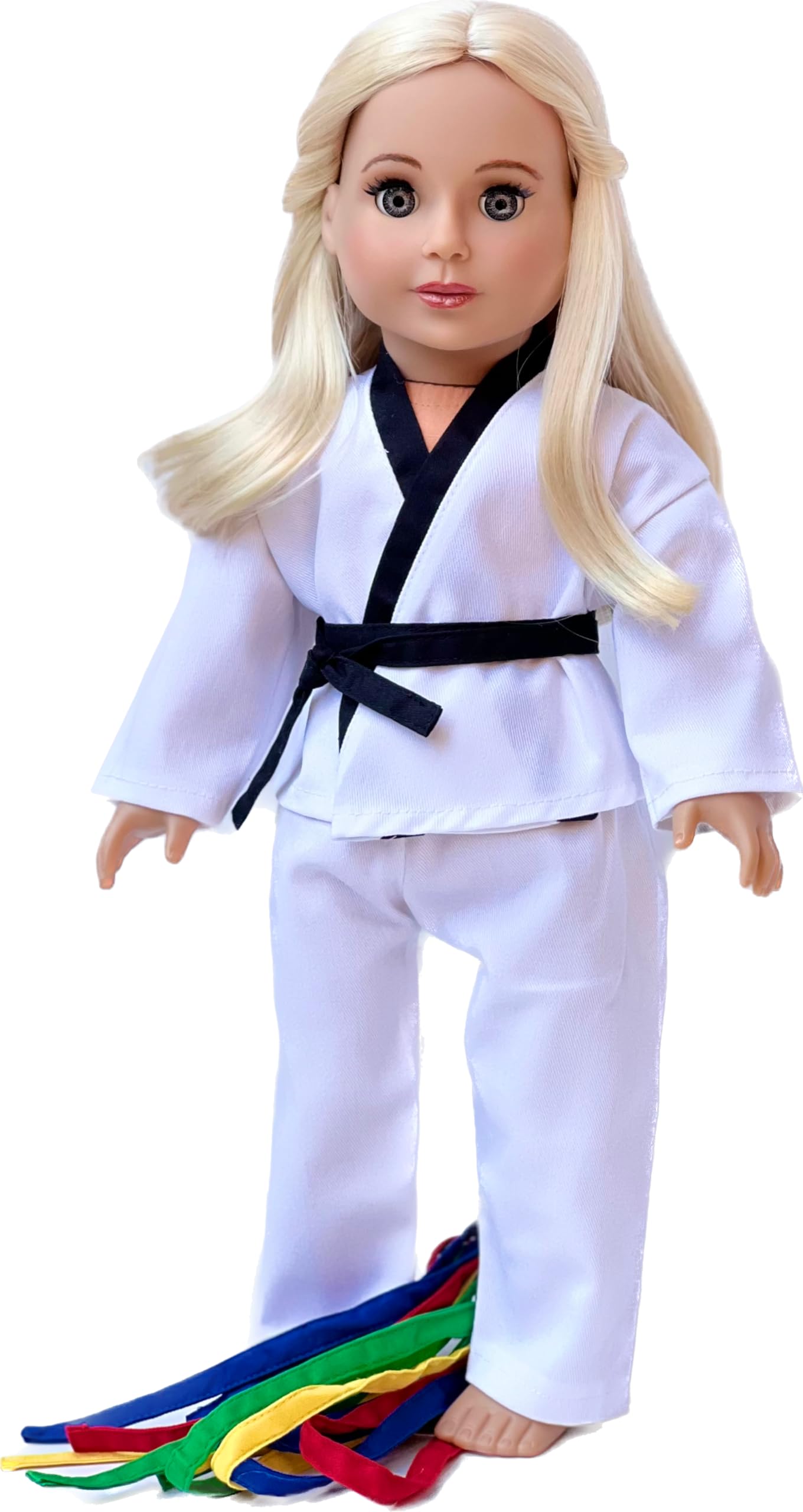 - Yin and Yang - Karate/Tae Kwon Do Outfit Includes Blouse, Pants and 5 Belts - Yellow, Green, Red, Blue and Black - Clothes Fits 18 Inch Doll (Doll Not Included)