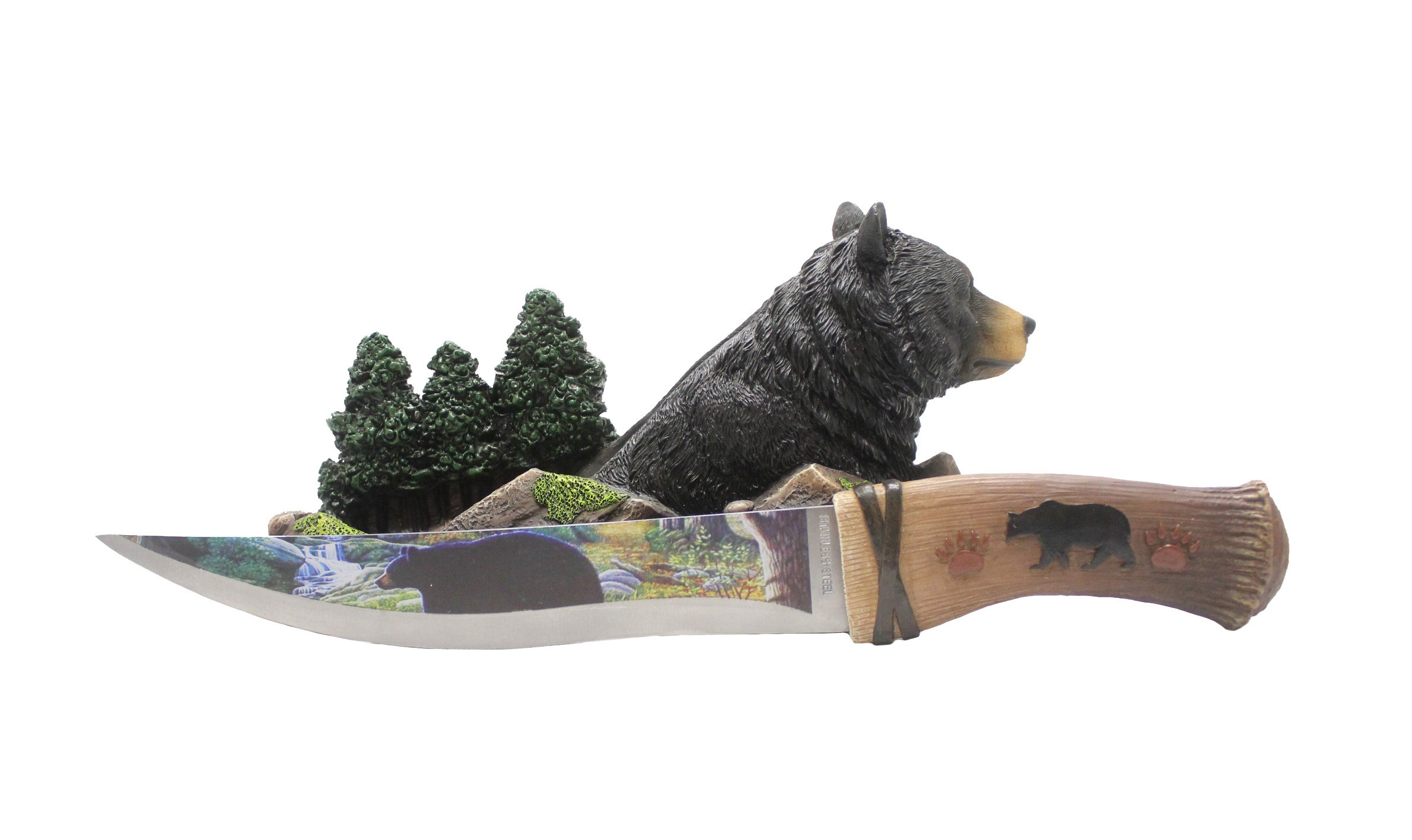 'Blade of the Bear' Rustic Black Bear Decorated Fixed Knife and Holder Set - Intricate Metal Detailing - Majestic Rustic Cabin Decor - 9.75 Inches Long