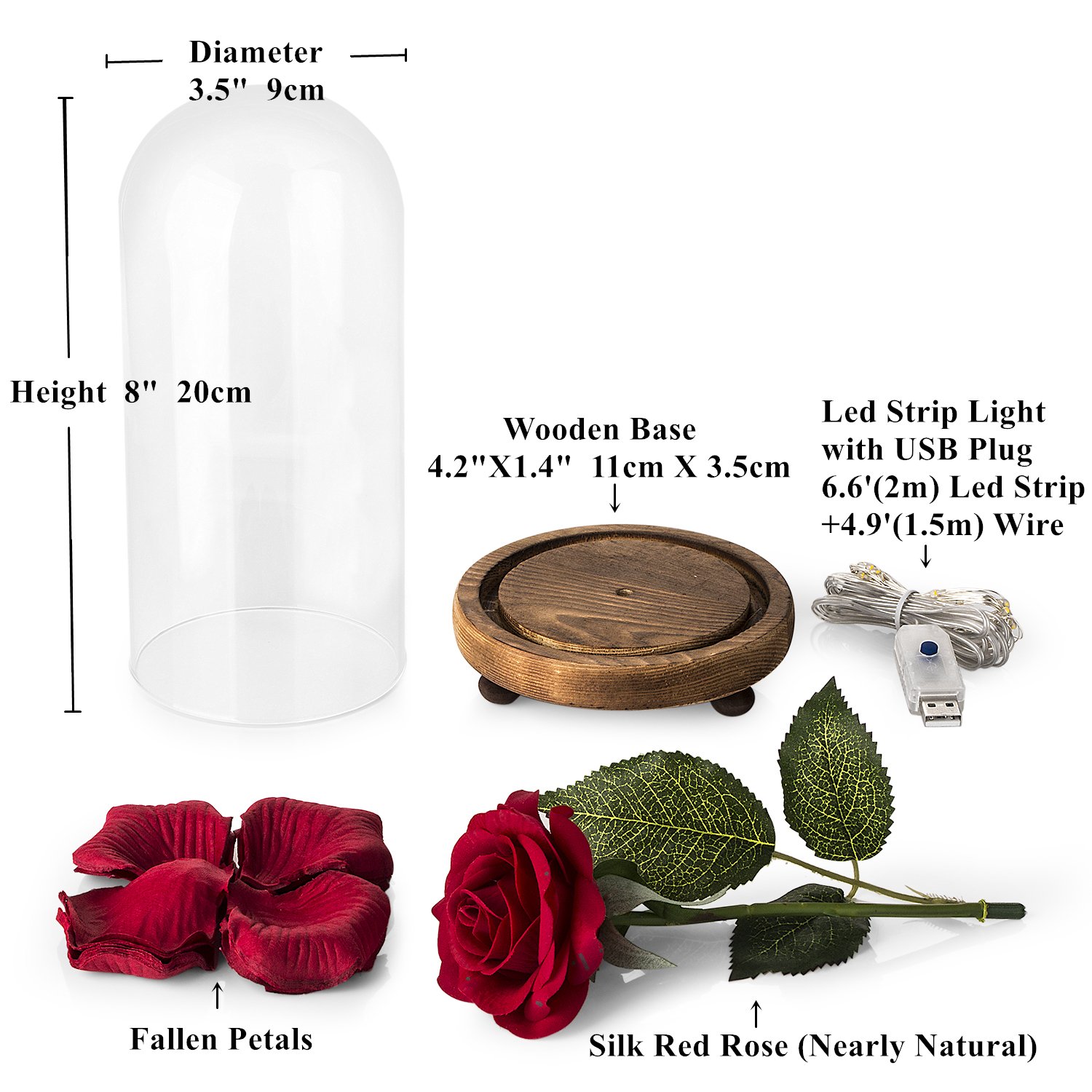 "Beauty and the Beast" Rose Kit, Red Silk Rose and Led Light with Fallen Petals in Glass Dome on Wooden Base for Home Decor Holiday Party Wedding Anniversary