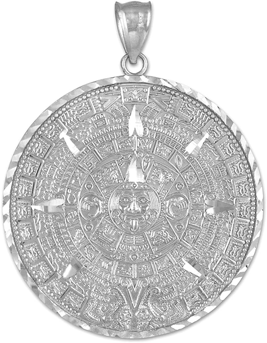 .925 Sterling Silver Round Aztec Mayan Calendar Charm Pendant - 40.64 Millimeters