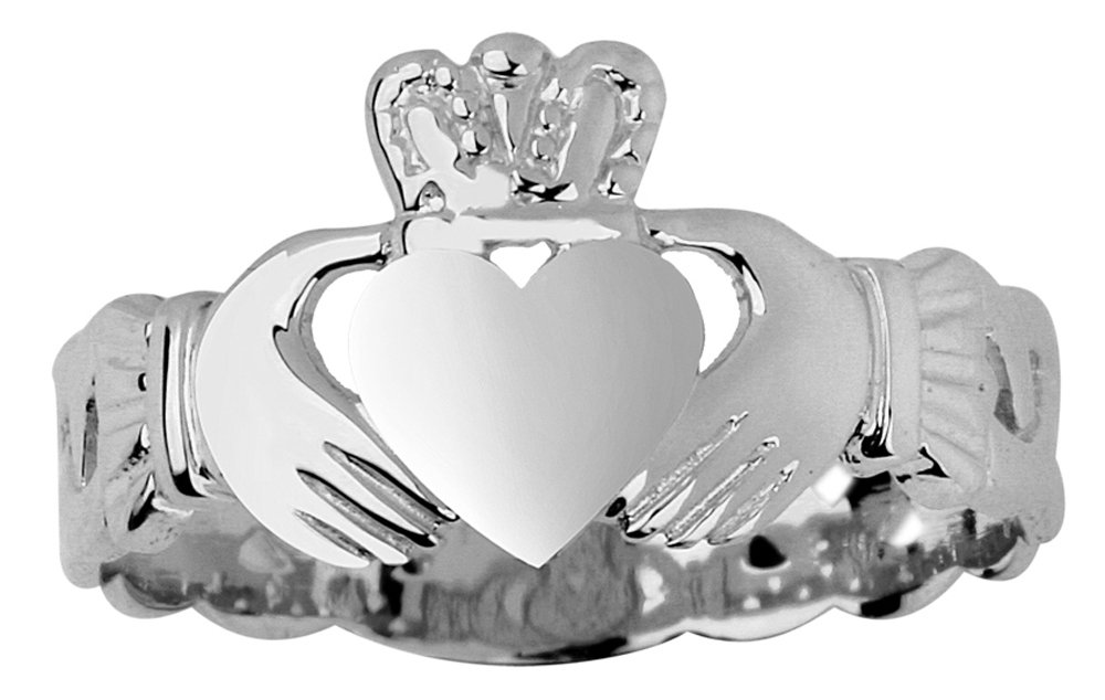 .925 Sterling Silver Claddagh Friendship, Engagement, or Wedding Ring with Trinity Knot Band - Size 5.25