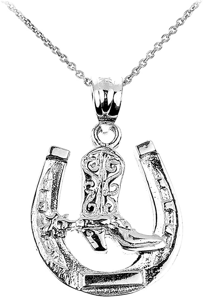 .925 Sterling Silver Lucky Horseshoe with Cowboy Boot Charm Pendant Necklace with Rolo Chain - 16"