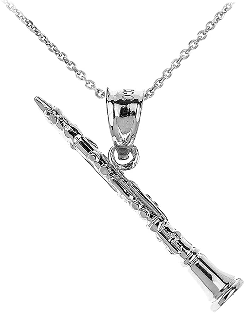 .925 Sterling Silver Dangling Music Charm Woodwind Clarinet Pendant Necklace with Rolo Chain - 16"