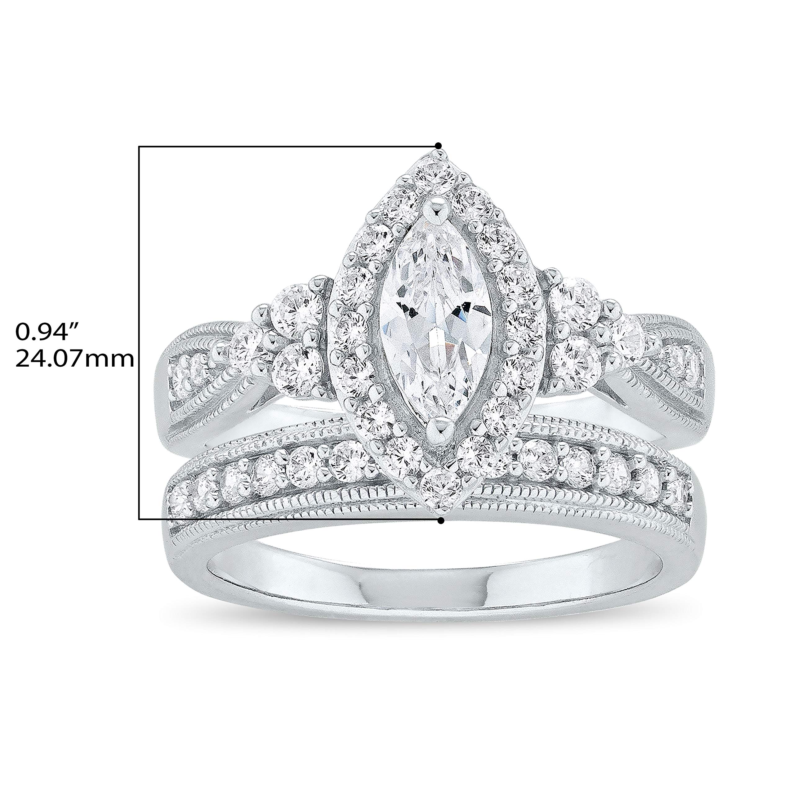 .925 Sterling Silver Cubic Zirconia Marqise Halo Milgrain Engagement Ring with Half-Eternity Wedding Band Bridal Set - Size 7