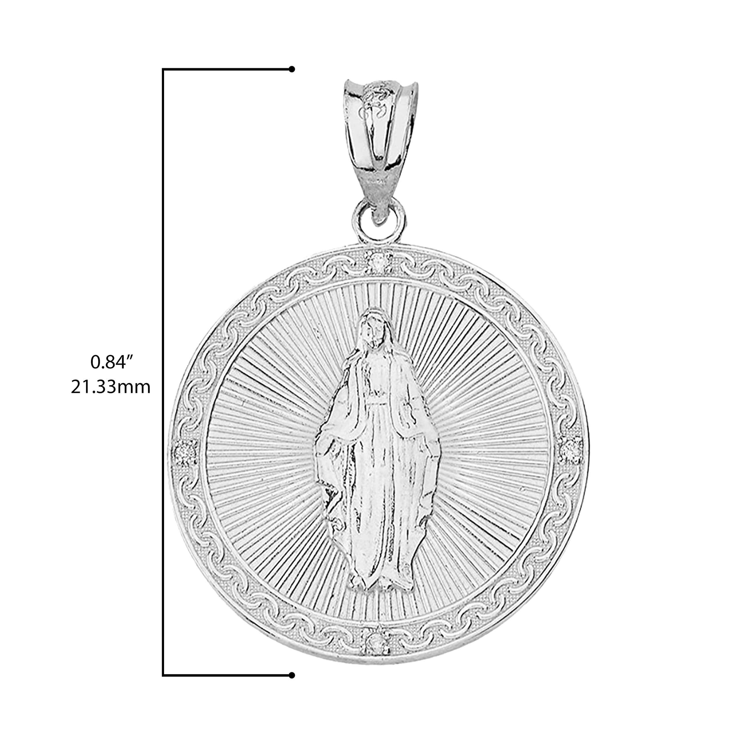 .925 Sterling Silver Blessed Virgin Mary Cubic Zirconia Accented Medal Pendant Charm, 7/8" - Large