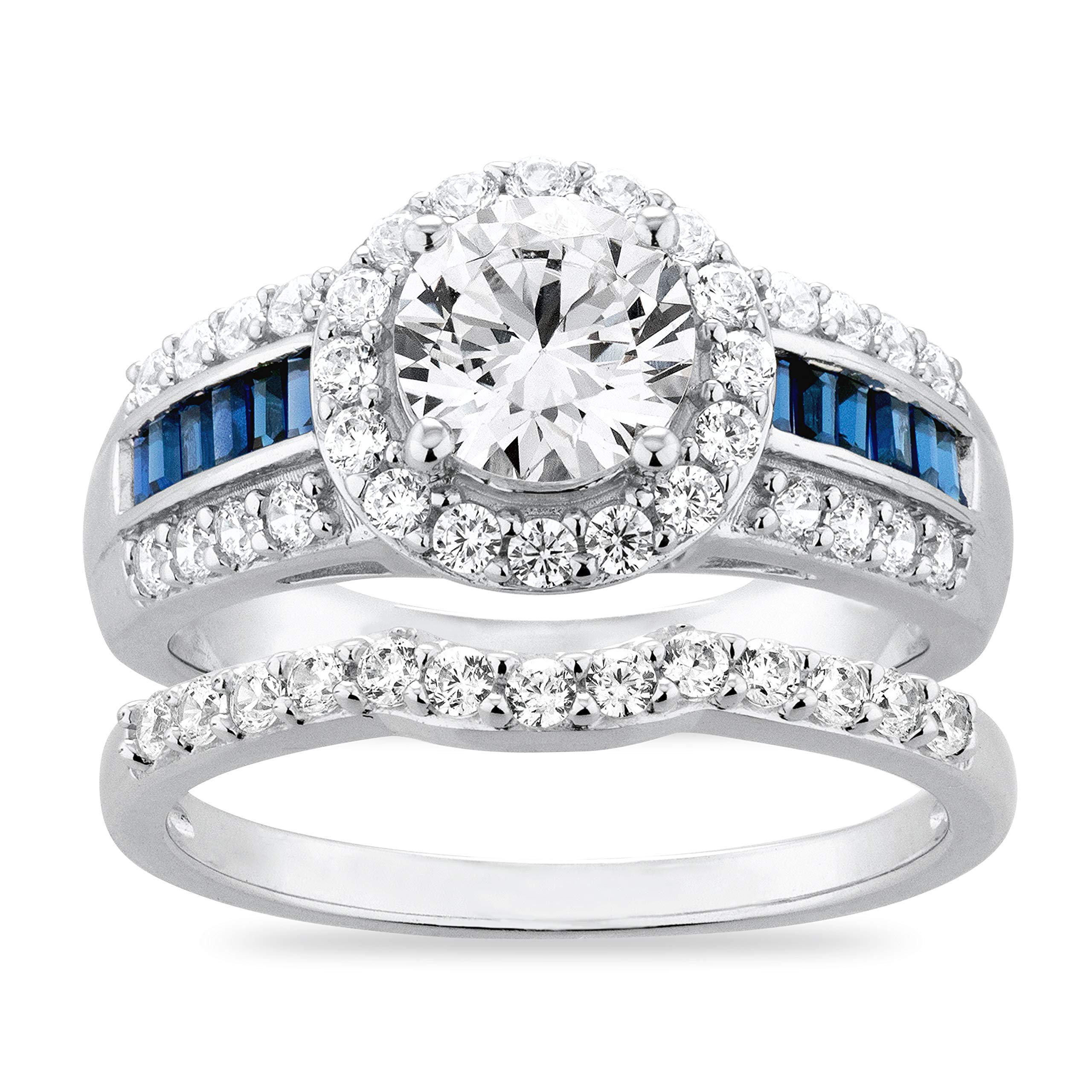 .925 Sterling Silver Round Cubic Zirconia & Baguette Cut Lab Created Blue Sapphire Halo Engagement Ring and Wedding Band Bridal Set - Size 9