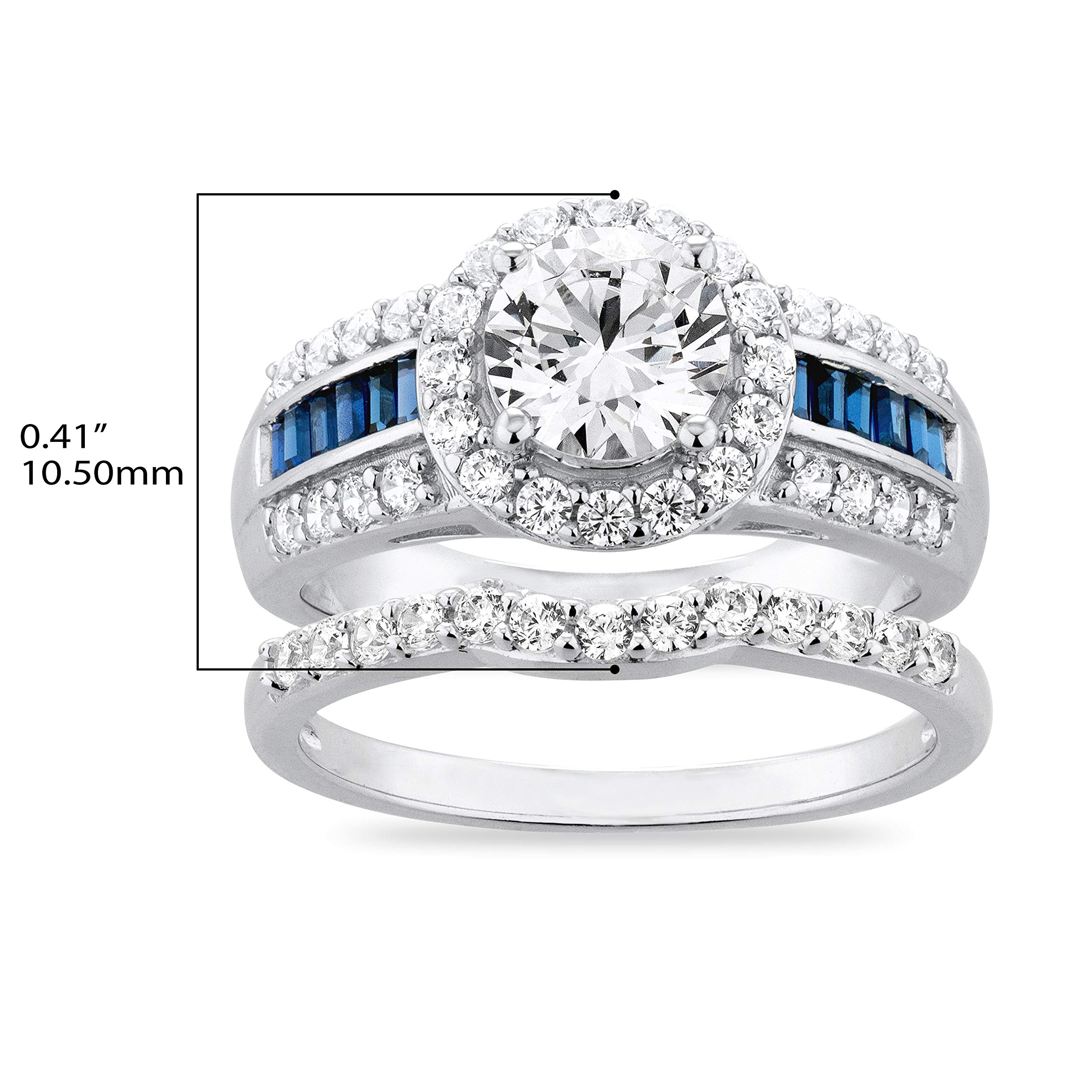 .925 Sterling Silver Round Cubic Zirconia & Baguette Cut Lab Created Blue Sapphire Halo Engagement Ring and Wedding Band Bridal Set - Size 9