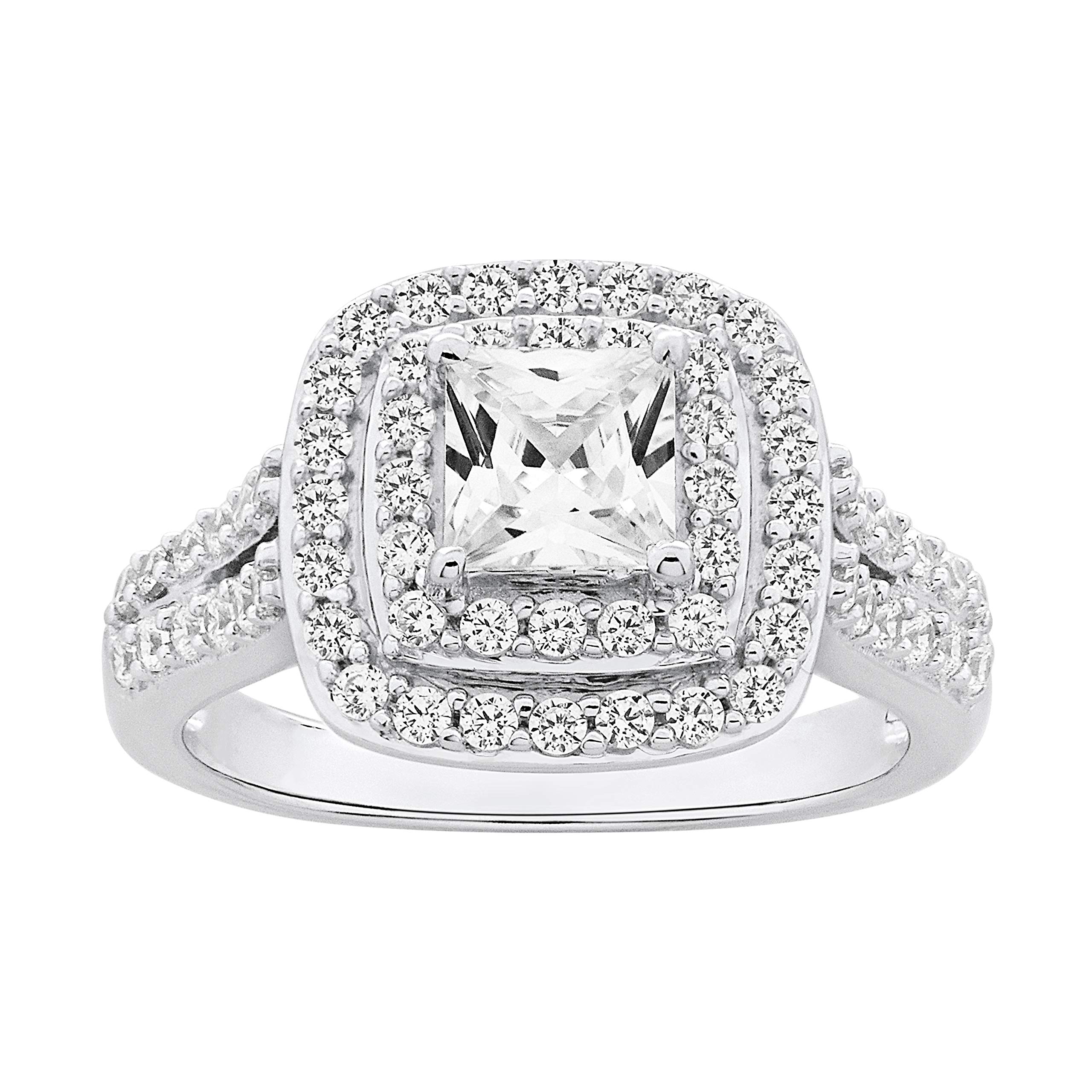 .925 Sterling Silver Cushion Cut Cubic Zirconia Split Shank Double Halo Engagement Ring - Size 9