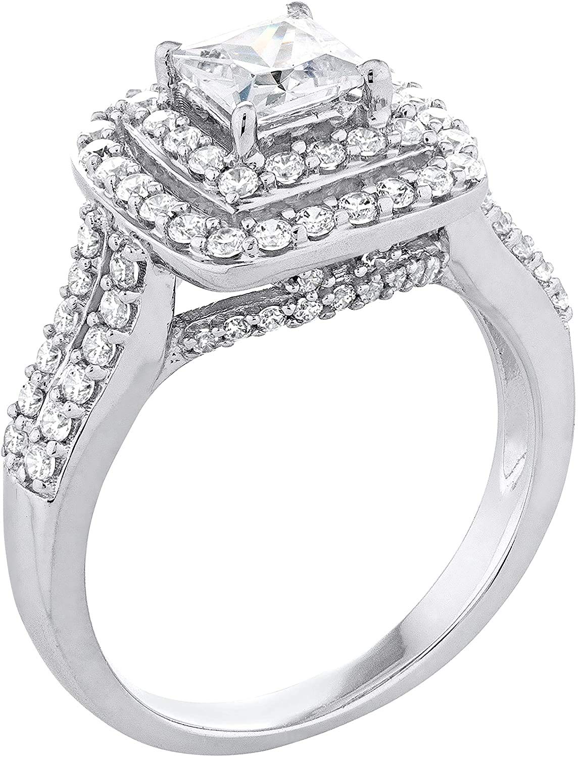 .925 Sterling Silver Cushion Cut Cubic Zirconia Split Shank Double Halo Engagement Ring - Size 9