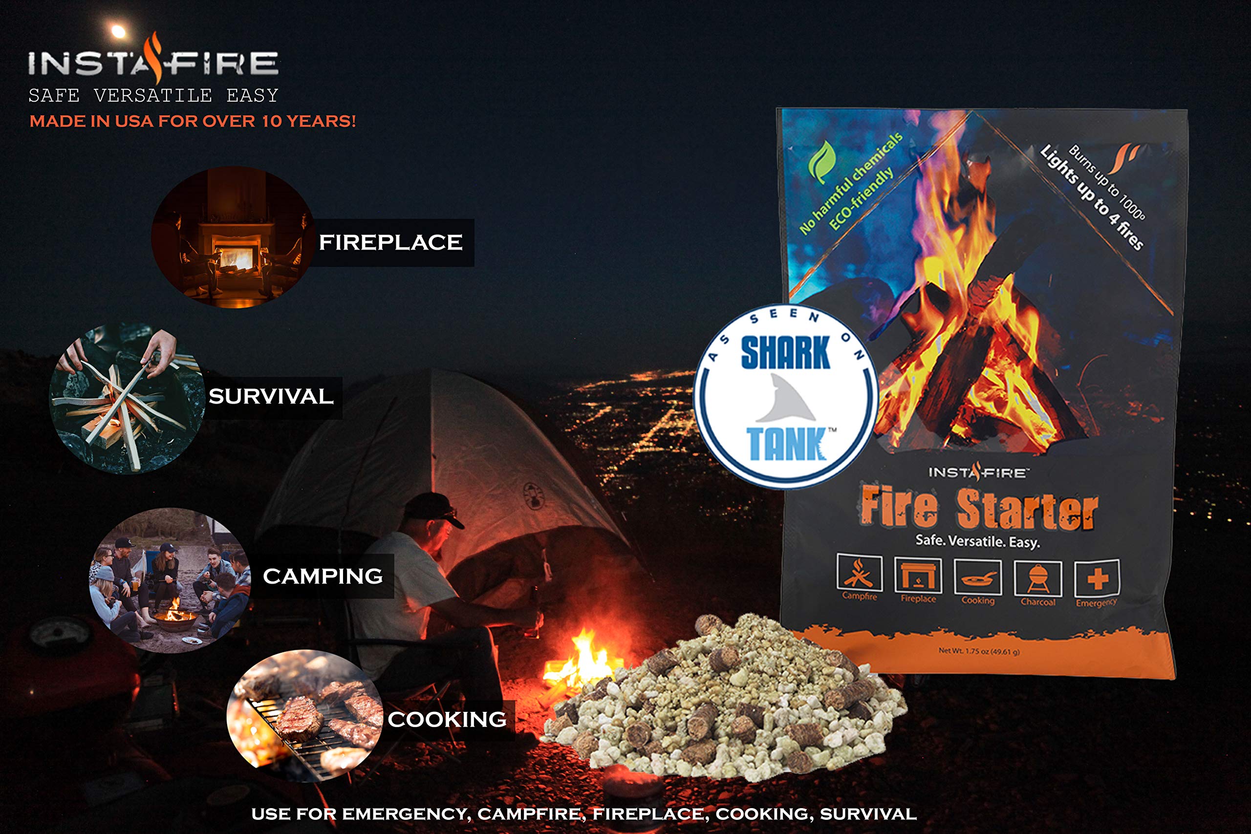 (10 Packs) Insta-Fire Fire Starter, Awarded 2017 FIRE Starter of The Year - All Natural, No Harmful Chemicals, Burns up to 1000º for Over 10 min. Lights up to 40 Total Fires