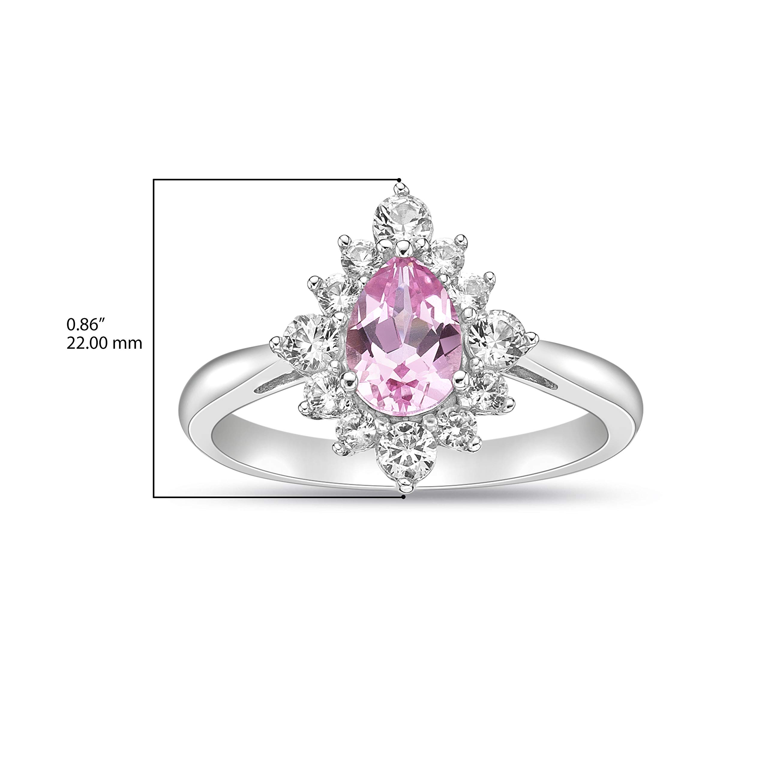 .925 Sterling Silver, Pear Cut Lab-Grown Pink Sapphire & Round Lab-Grown White Sapphire Halo Teardrop Engagement Ring - Size 8