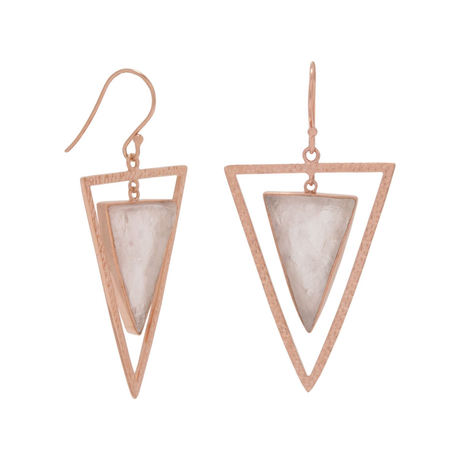 .925 Sterling Silver 14 Karat Rose Gold Plated Rose Quartz Triangle Women's Earrings