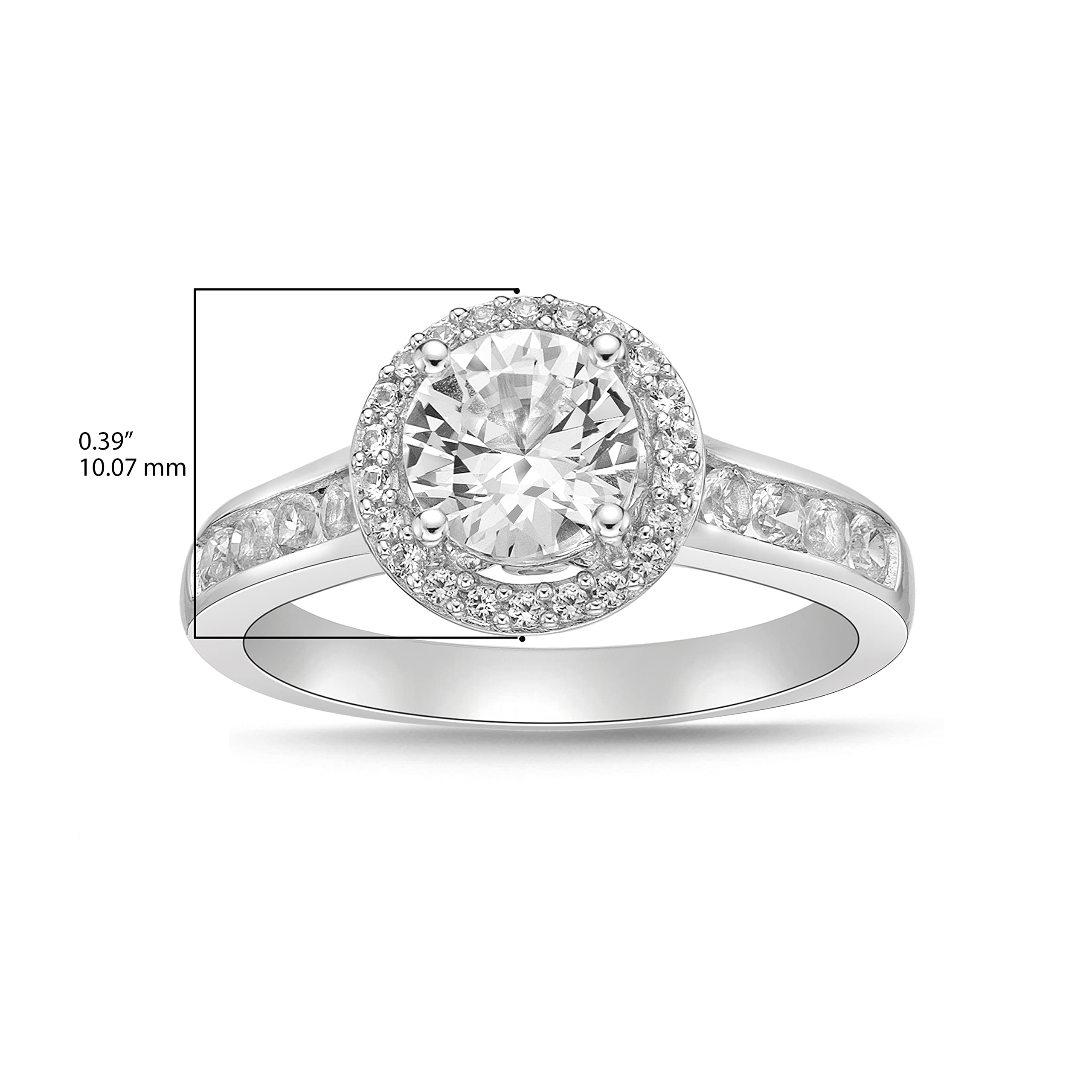.925 Sterling Silver Lab Grown White Sapphire Halo Cathedral Style Engagement Ring with Channel Set Band - Size 7