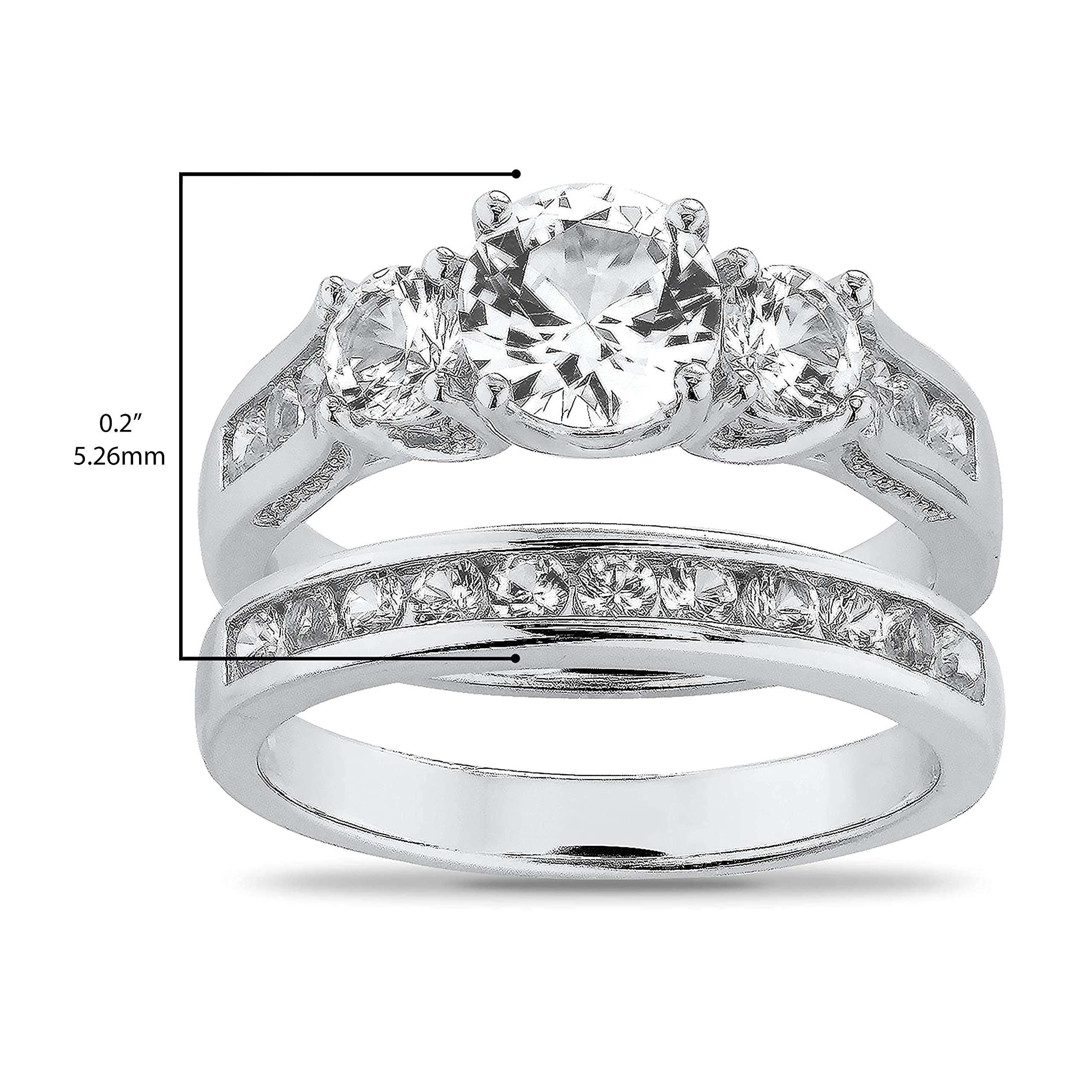 .925 Sterling Silver Round Lab-Grown White Sapphire Cathedral Style 3 Stone Engagement Ring and Eternity Wedding Band Bridal Set - Size 5