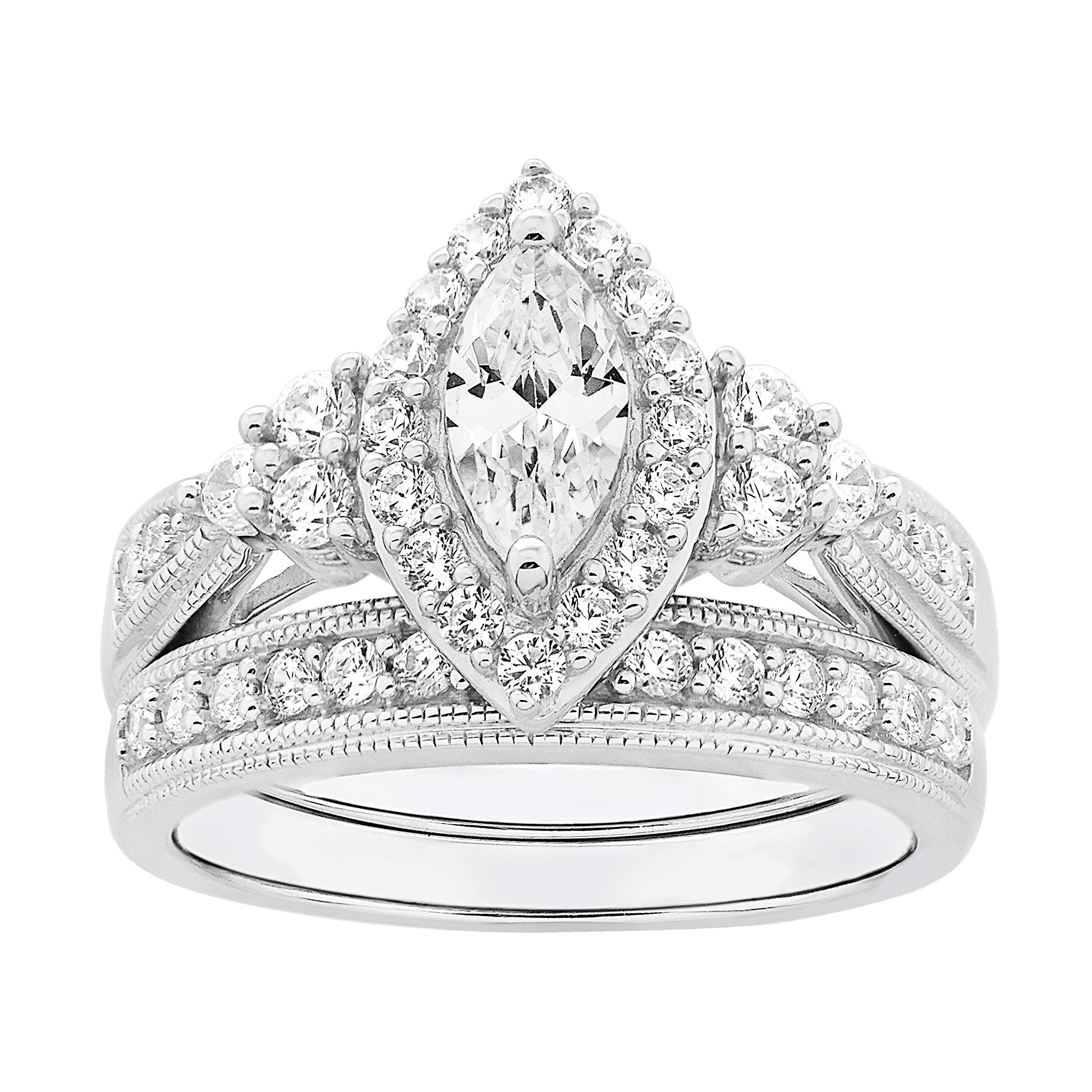 .925 Sterling Silver Cubic Zirconia Marqise Halo Milgrain Engagement Ring with Half-Eternity Wedding Band Bridal Set - Size 7