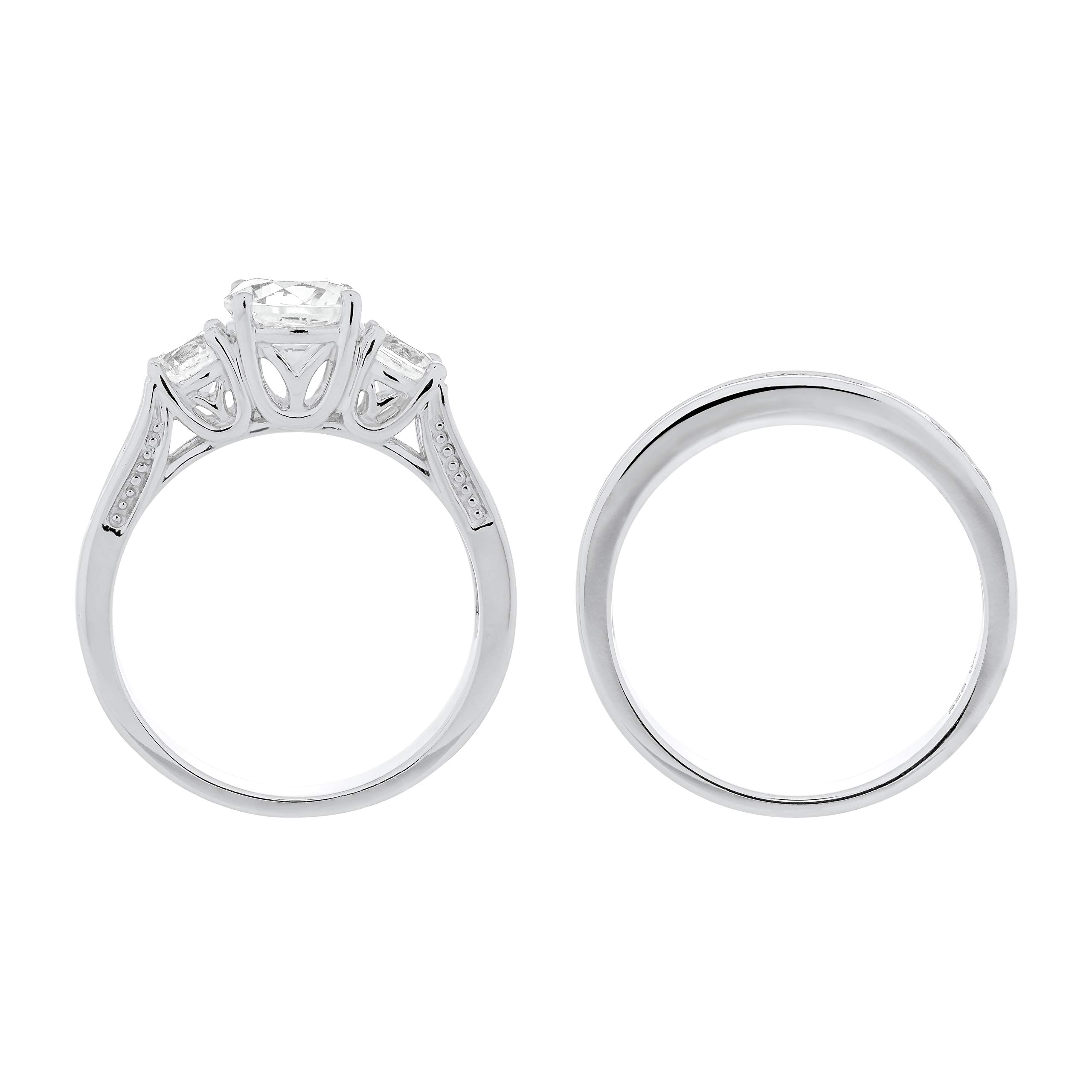 .925 Sterling Silver Round Lab-Grown White Sapphire Cathedral Style 3 Stone Engagement Ring and Eternity Wedding Band Bridal Set - Size 5