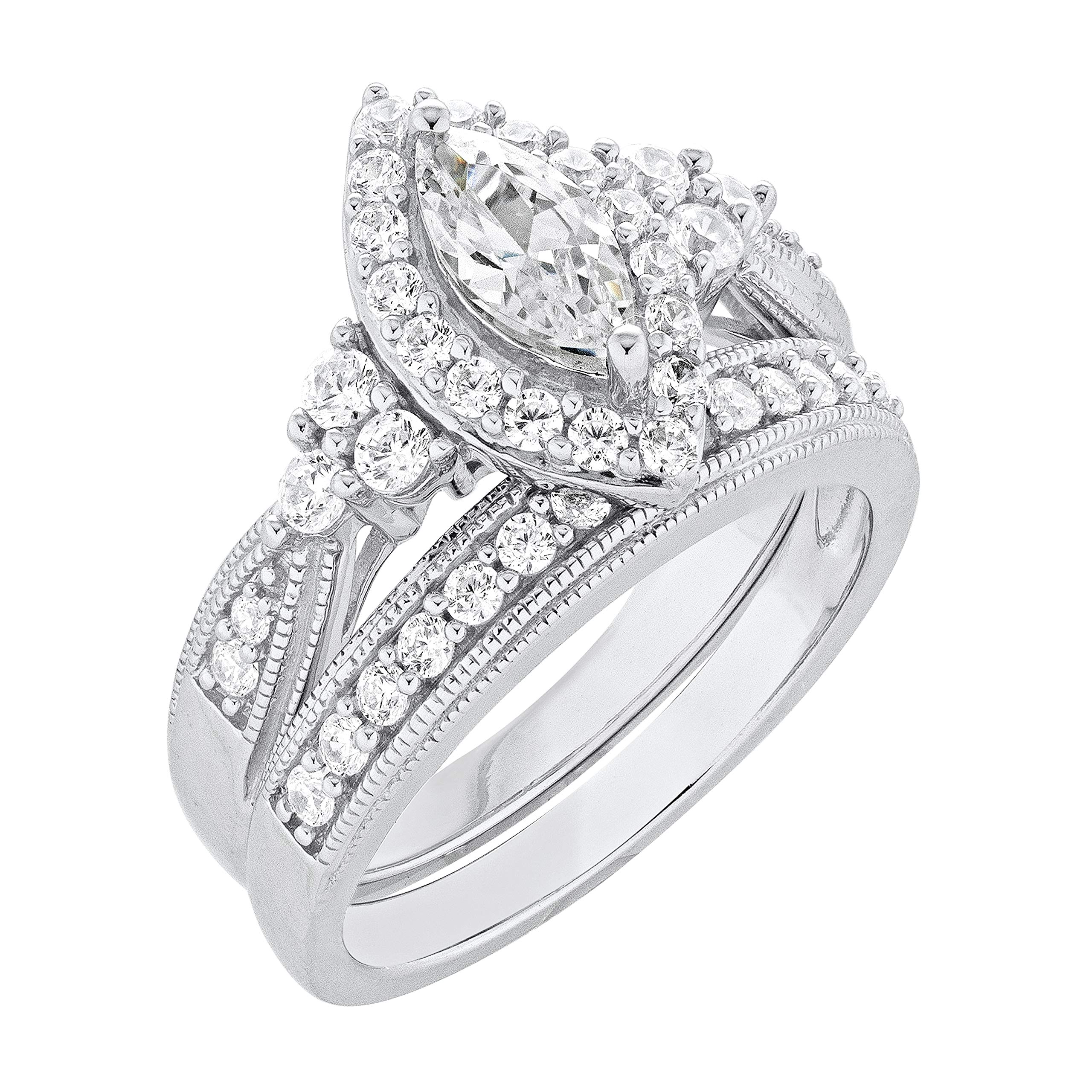 .925 Sterling Silver Cubic Zirconia Marqise Halo Milgrain Engagement Ring with Half-Eternity Wedding Band Bridal Set - Size 7