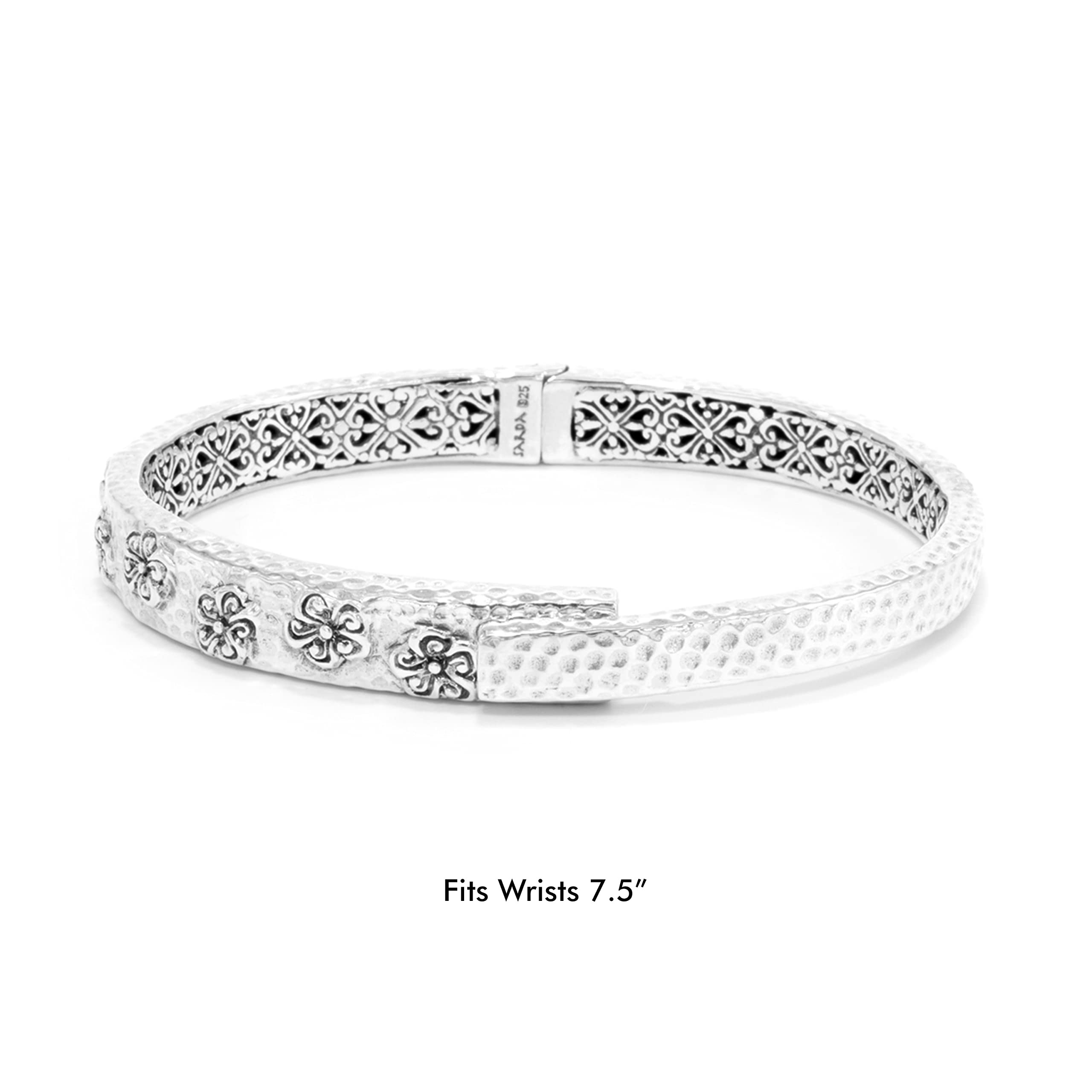 .925 Sterling Silver Hammered & Frangipani Retention Cuff Bangle Bracelet - Handmade by Bali Artisans - 7-1/2" Fits Wrist Sizes 6-3/4" - 7-1/2"