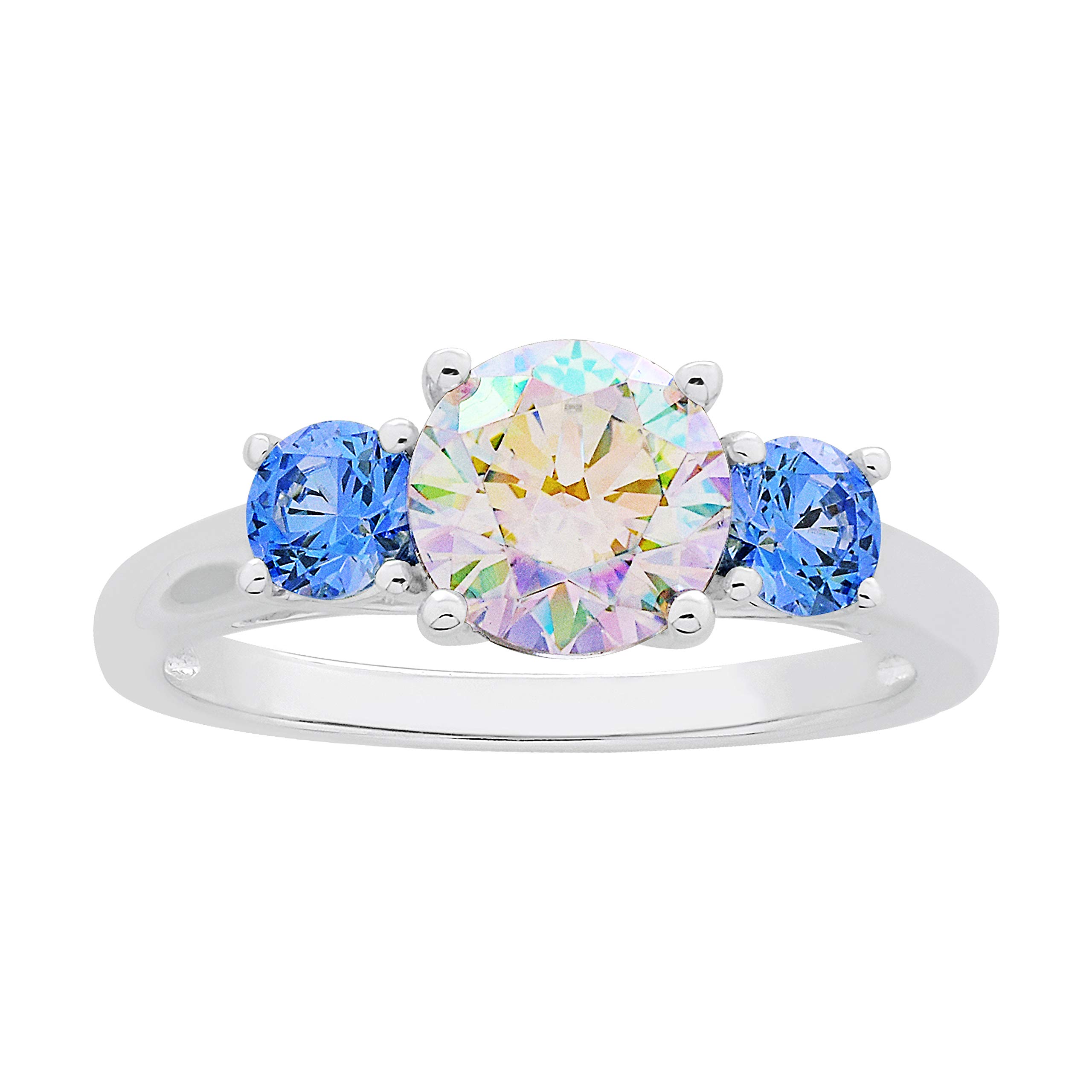 .925 Sterling Silver Round Brilliant Cut Aurora Borealis Cubic Zirconia & Fancy Blue Swarovski Cubic Zirconia Three Stone Engagment Ring - Size 5