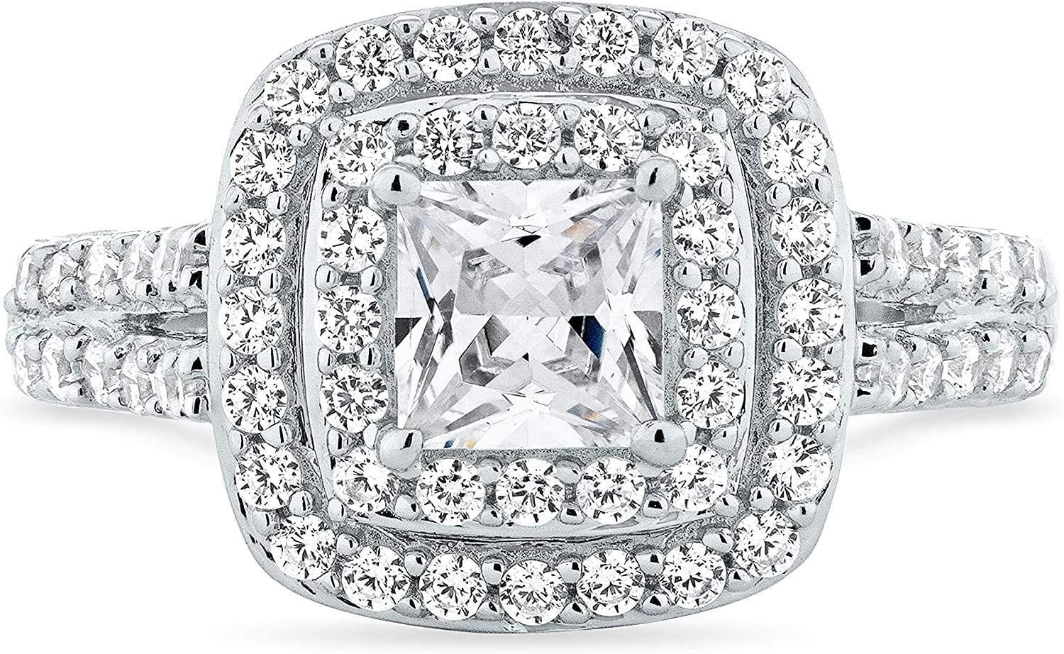 .925 Sterling Silver Cushion Cut Cubic Zirconia Split Shank Double Halo Engagement Ring - Size 9