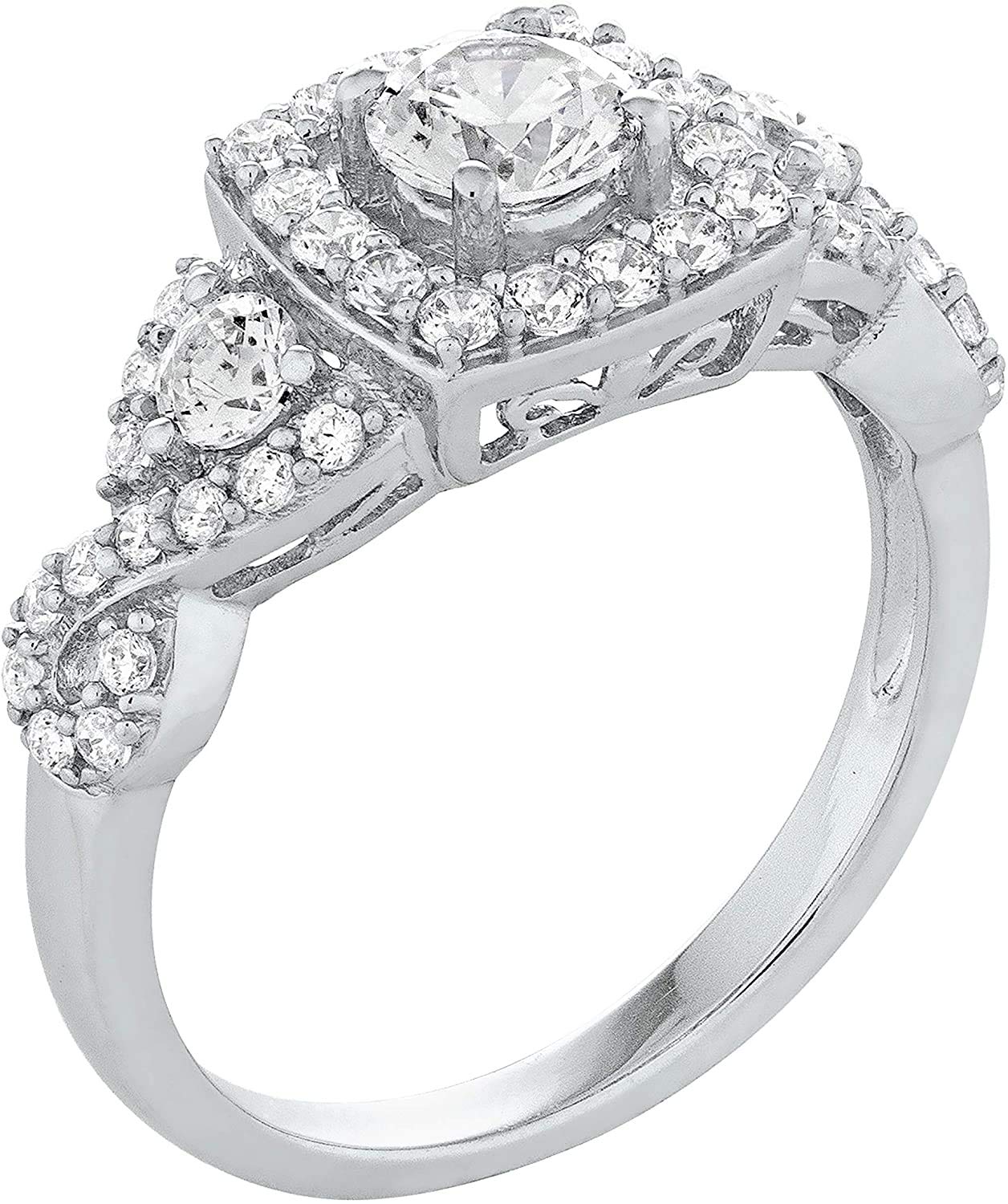 .925 Sterling Silver Round Brilliant Cut Cubic Zirconia Cushion Halo Three Stone Infinity Twist Engagement Ring - Size 7