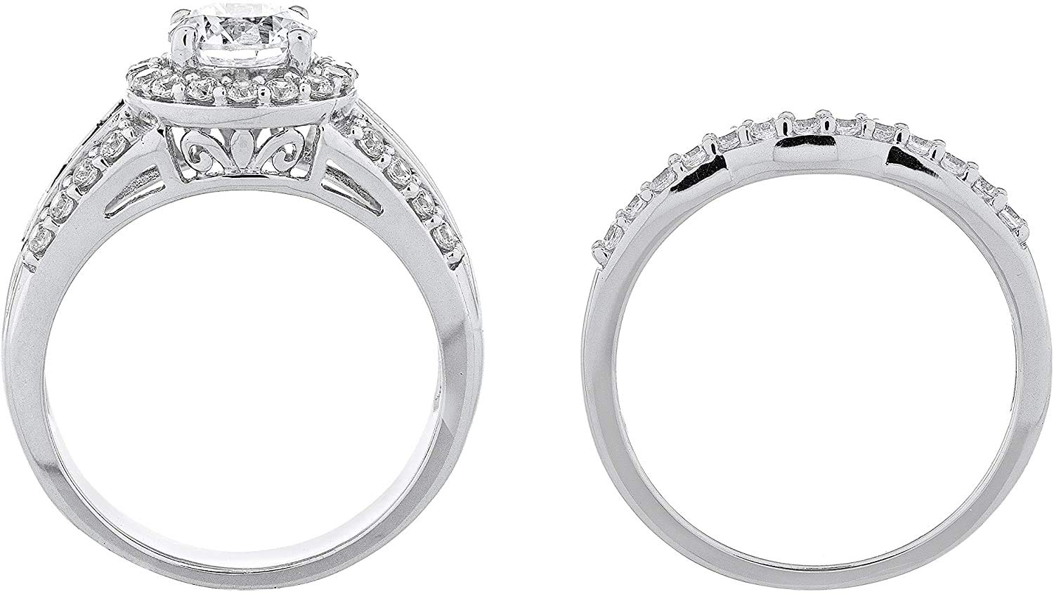 .925 Sterling Silver Round Cubic Zirconia & Baguette Cut Lab Created Blue Sapphire Halo Engagement Ring and Wedding Band Bridal Set - Size 9