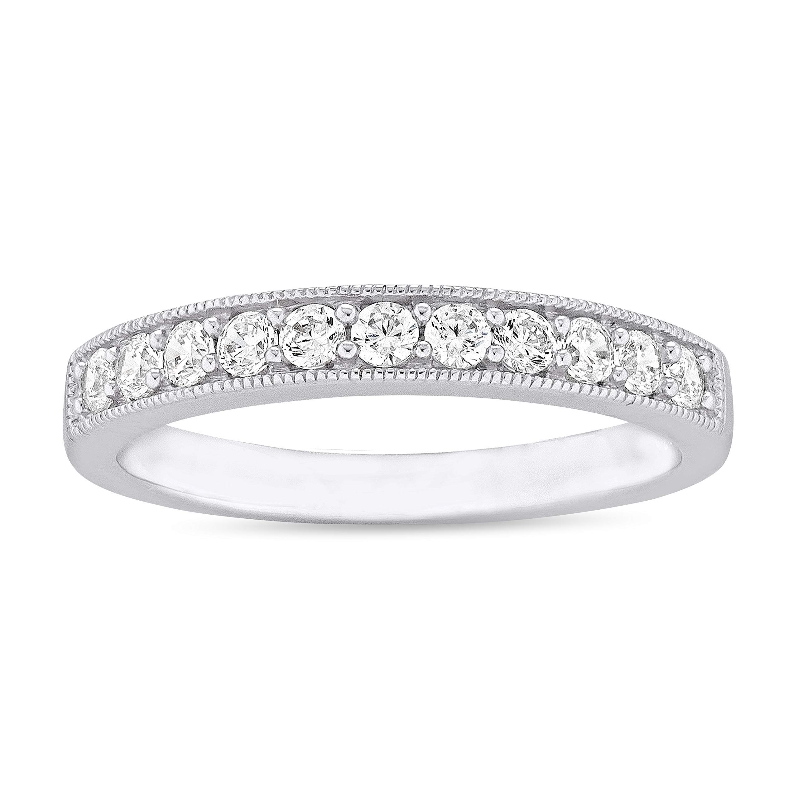 .925 Sterling Silver & Round Cubic Zirconia Half Eternity Milgrain Beaded Stackable Wedding Band Ring - Size 8