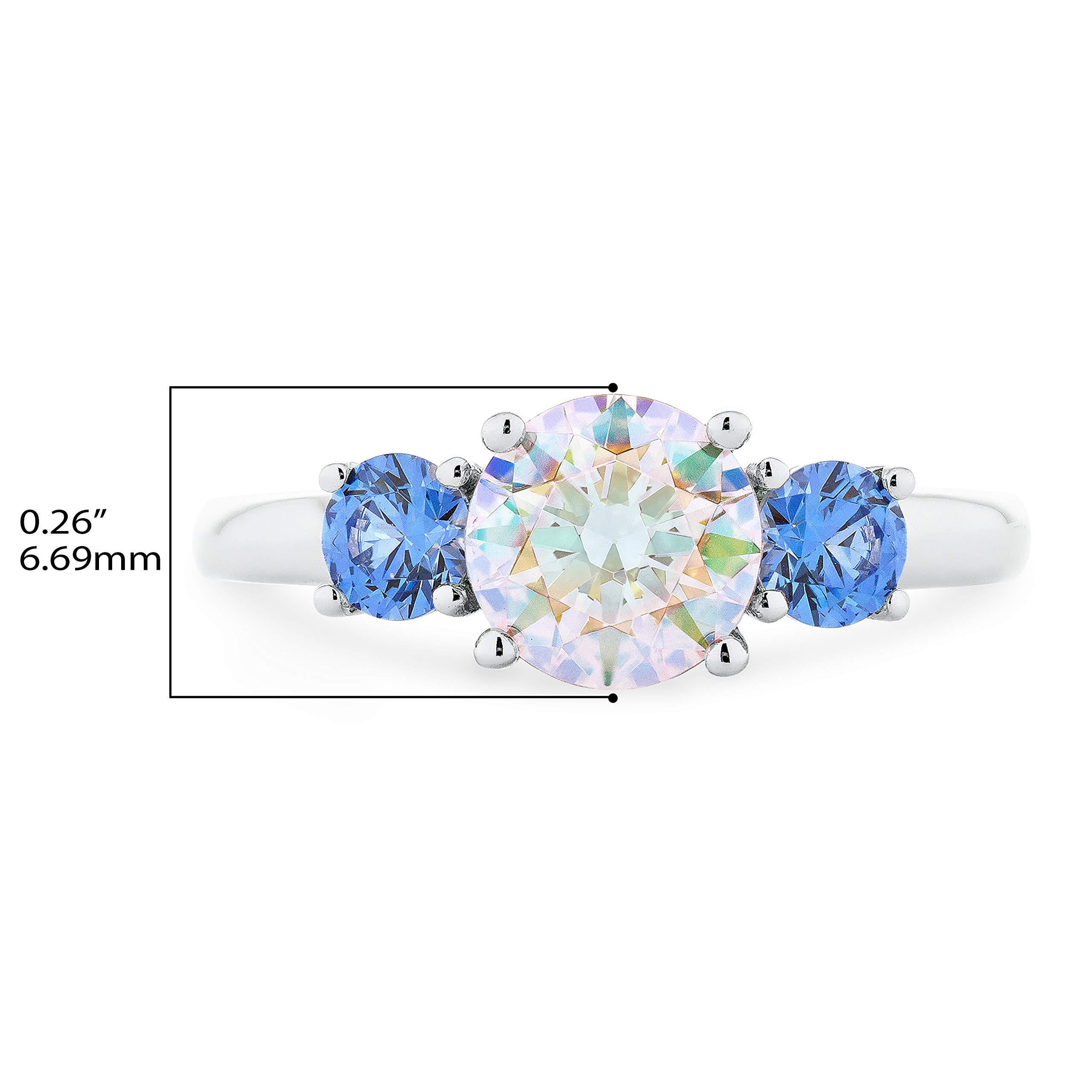 .925 Sterling Silver Round Brilliant Cut Aurora Borealis Cubic Zirconia & Fancy Blue Swarovski Cubic Zirconia Three Stone Engagment Ring - Size 5