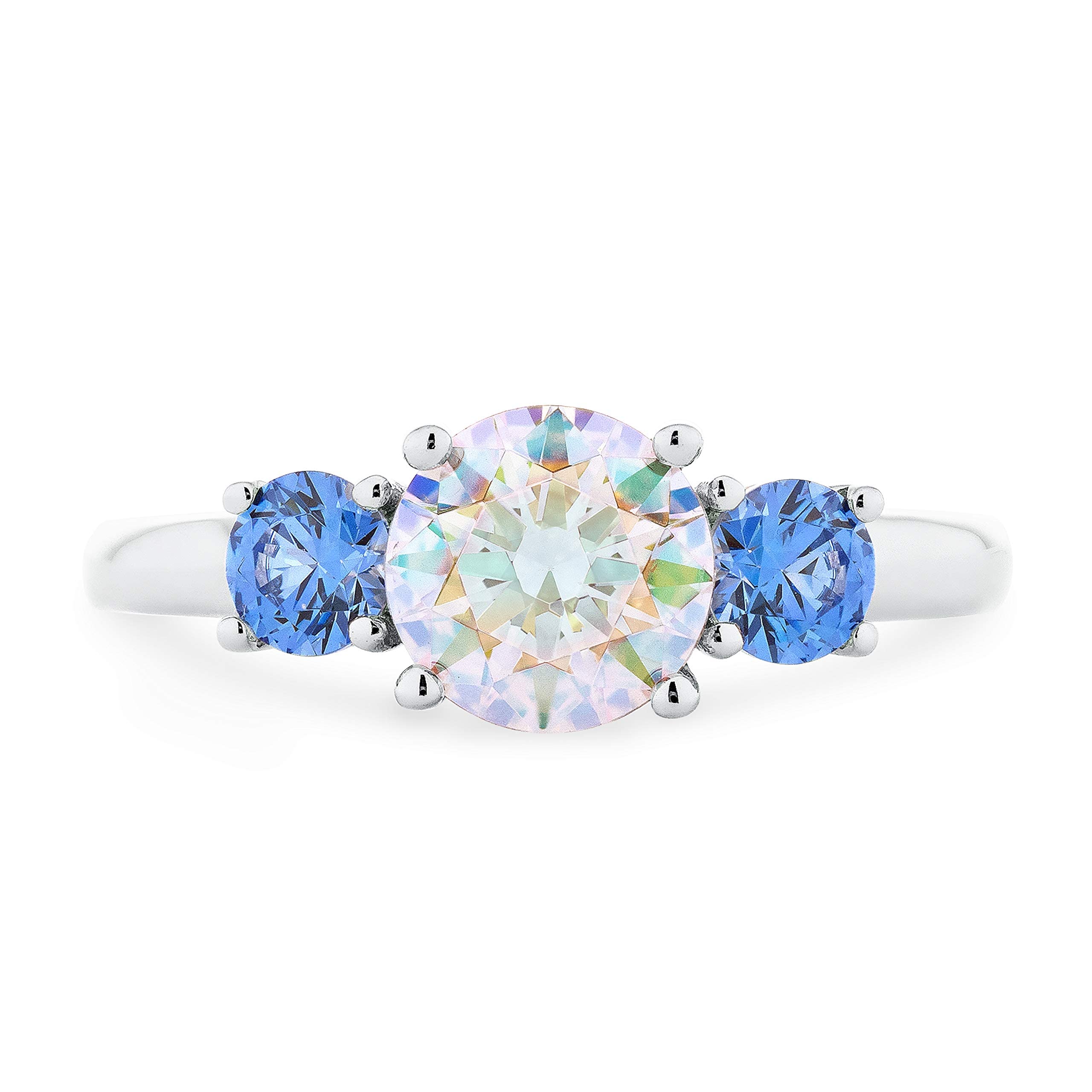 .925 Sterling Silver Round Brilliant Cut Aurora Borealis Cubic Zirconia & Fancy Blue Swarovski Cubic Zirconia Three Stone Engagment Ring - Size 5