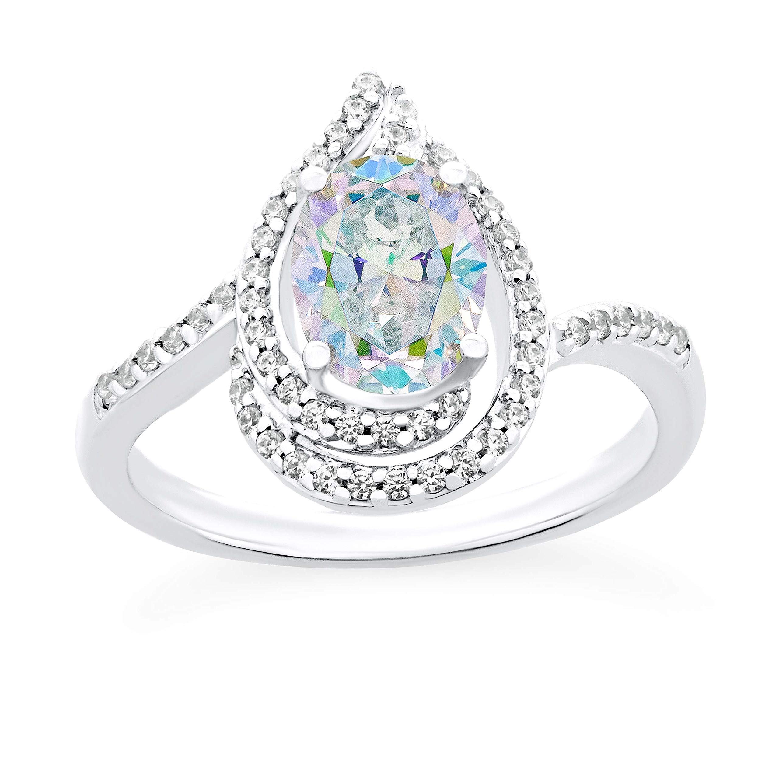 .925 Sterling Silver Oval Cut Aurora Borealis Cubic Zirconia & White Cubic Zirconias Pear Shape Engagment Ring - Size 9