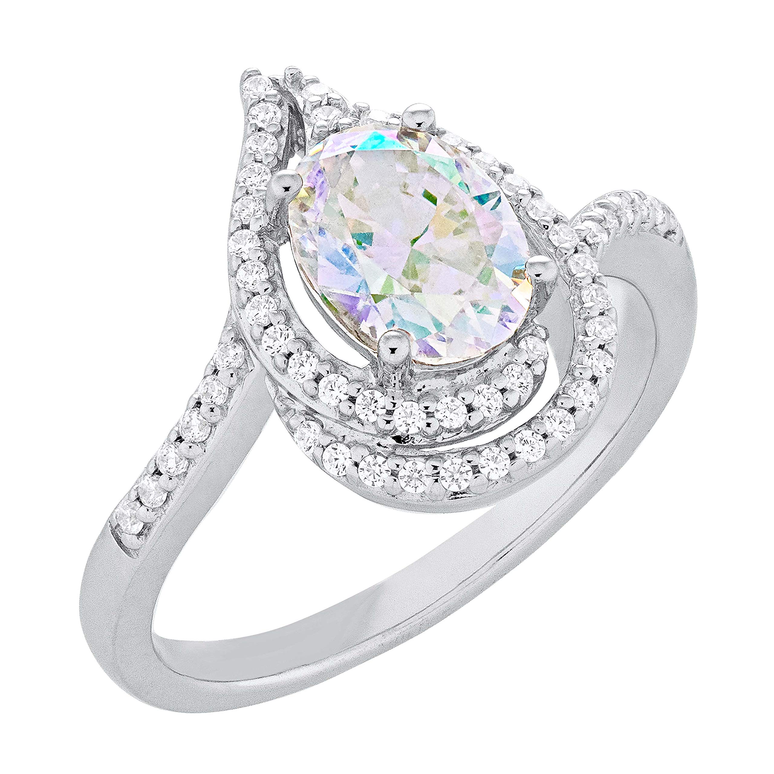 .925 Sterling Silver Oval Cut Aurora Borealis Cubic Zirconia & White Cubic Zirconias Pear Shape Engagment Ring - Size 9