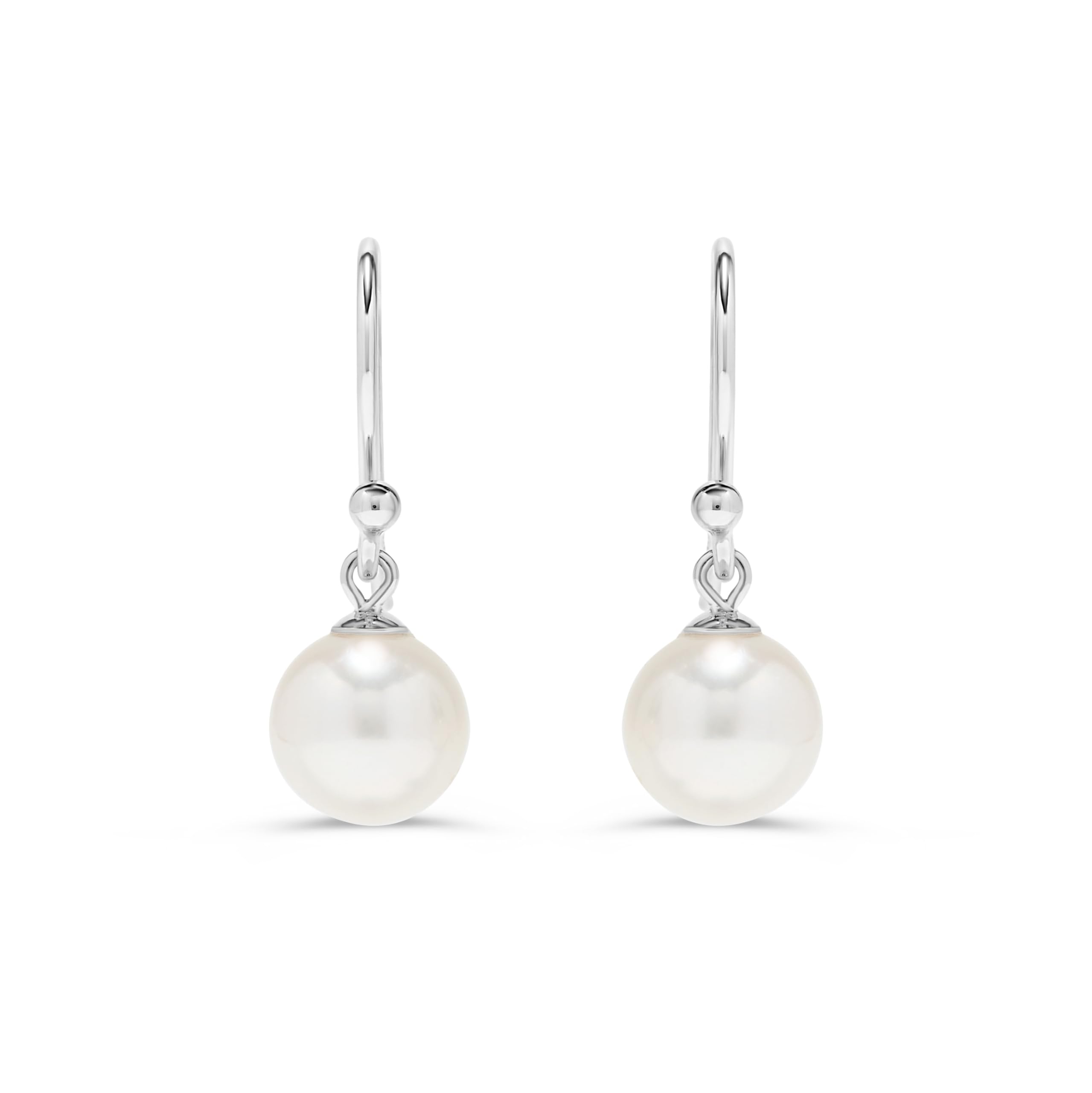 .925 Sterling Silver AAAA 7.5-8mm Round White Freshwater Cultured Pearl French Wire Hook Dangling Drop Earrings
