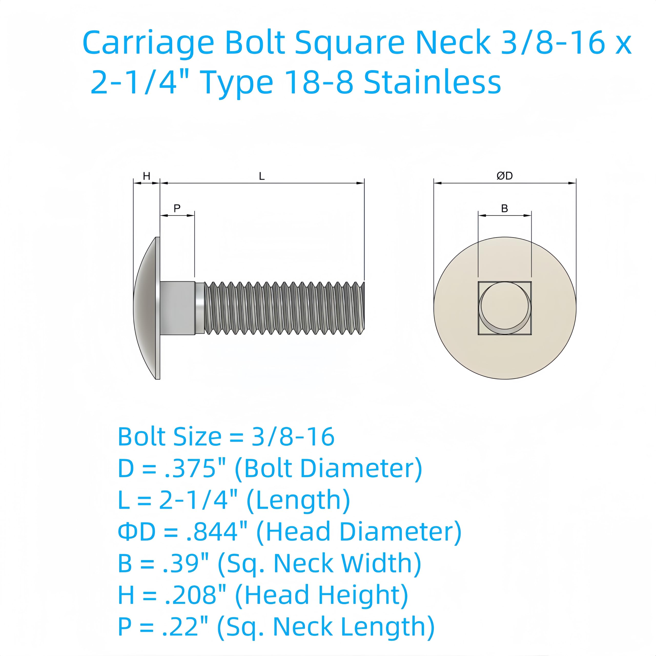 (10pc) Stainless Steel Carriage Bolt (3/8"-16 Coarse Thread x 2-1/4" Length) by SANTIE