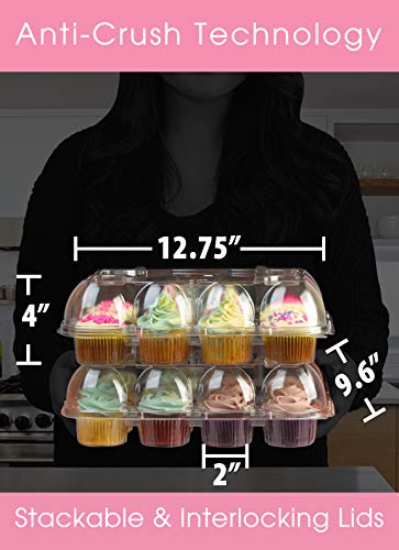 (12Pack x 12 Sets) STACK'nGO Cupcake Carriers - Sturdy Strong High Tall Dome Containers Plastic Disposable Storage Boxes Dozen Compartments Slots Holder Cupcakes Box Tray Container Cup Cake Holders