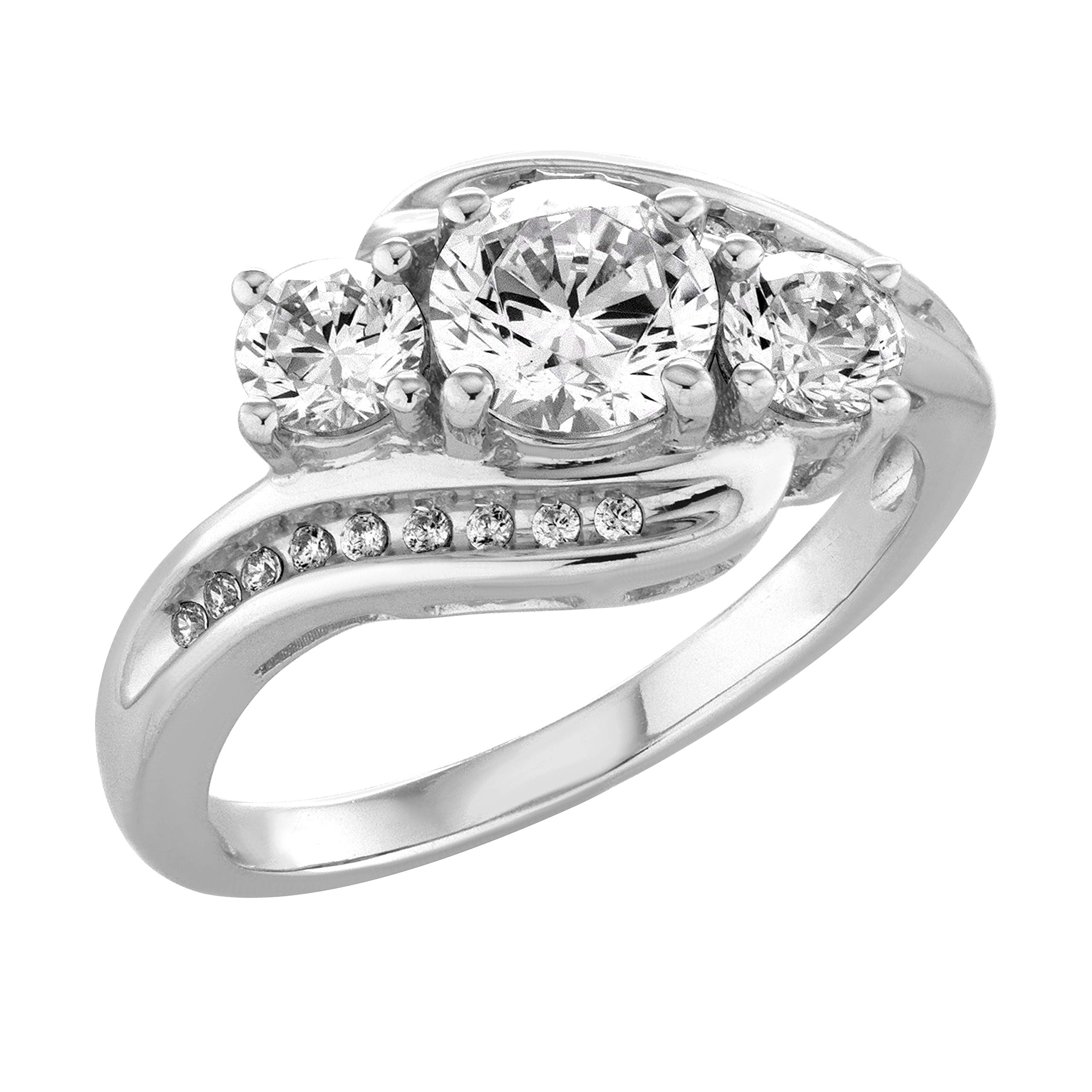 .925 Sterling Silver Cubic Zirconia Diagonal Three Stone Bypass Engagement Ring - Size 8