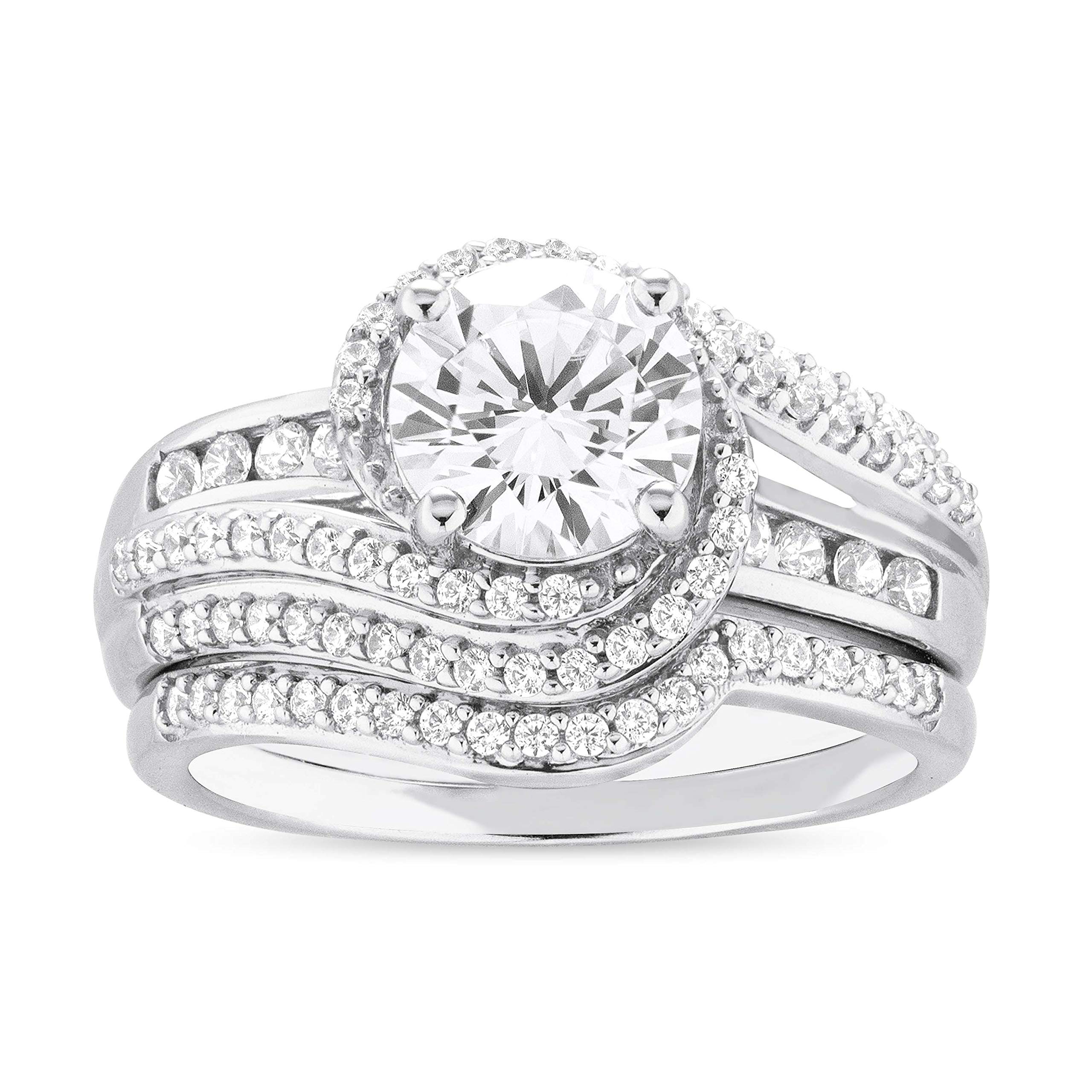 .925 Sterling Silver Round Cubic Zirconia Swirled Twisted Style Engagement Ring & Wedding Band 2-piece Bridal Set - Size 8