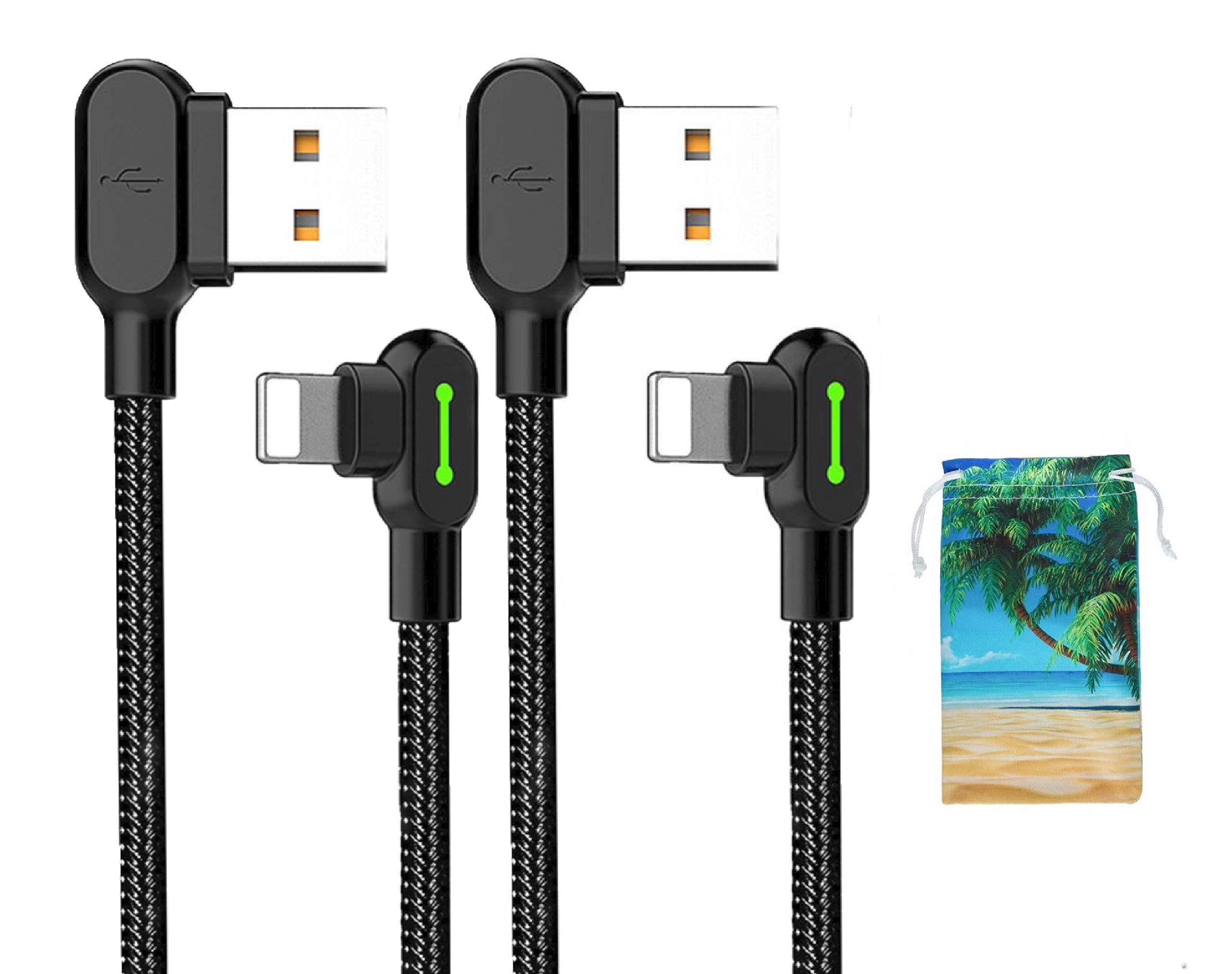 (2 Pack + iPhone Bag) USB 90 Degree Right Angle Design Gaming iPhone LED Nylon Braided Sync Charge New USB Reversible Data 6FT/1.8M Cable Compatible iPhone/iPad Pro/Air,iPad Mini,iPod (6FT Black)